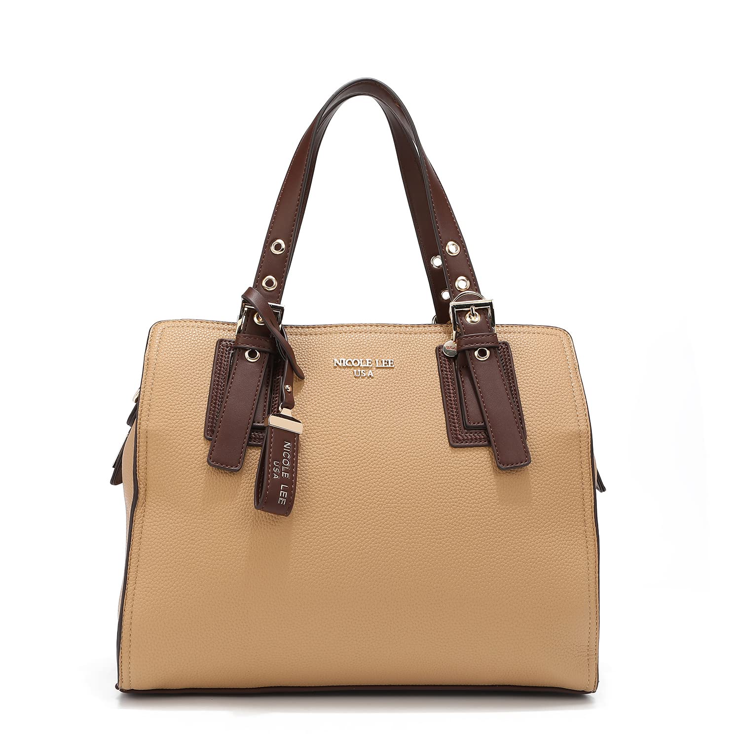Nicole Lee Isabel Structured Satchel, Medium Shoulder Handbag with Detachable Crossbody Strap and Designer Logo Strap (Beige)