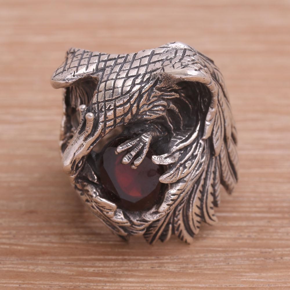 NOVICA Artisan Handcrafted .925 Sterling Silver Garnet Cocktail Ring Phoenix Red Indonesia Animal Themed Birthstone Bird 'Phoenix Flare'