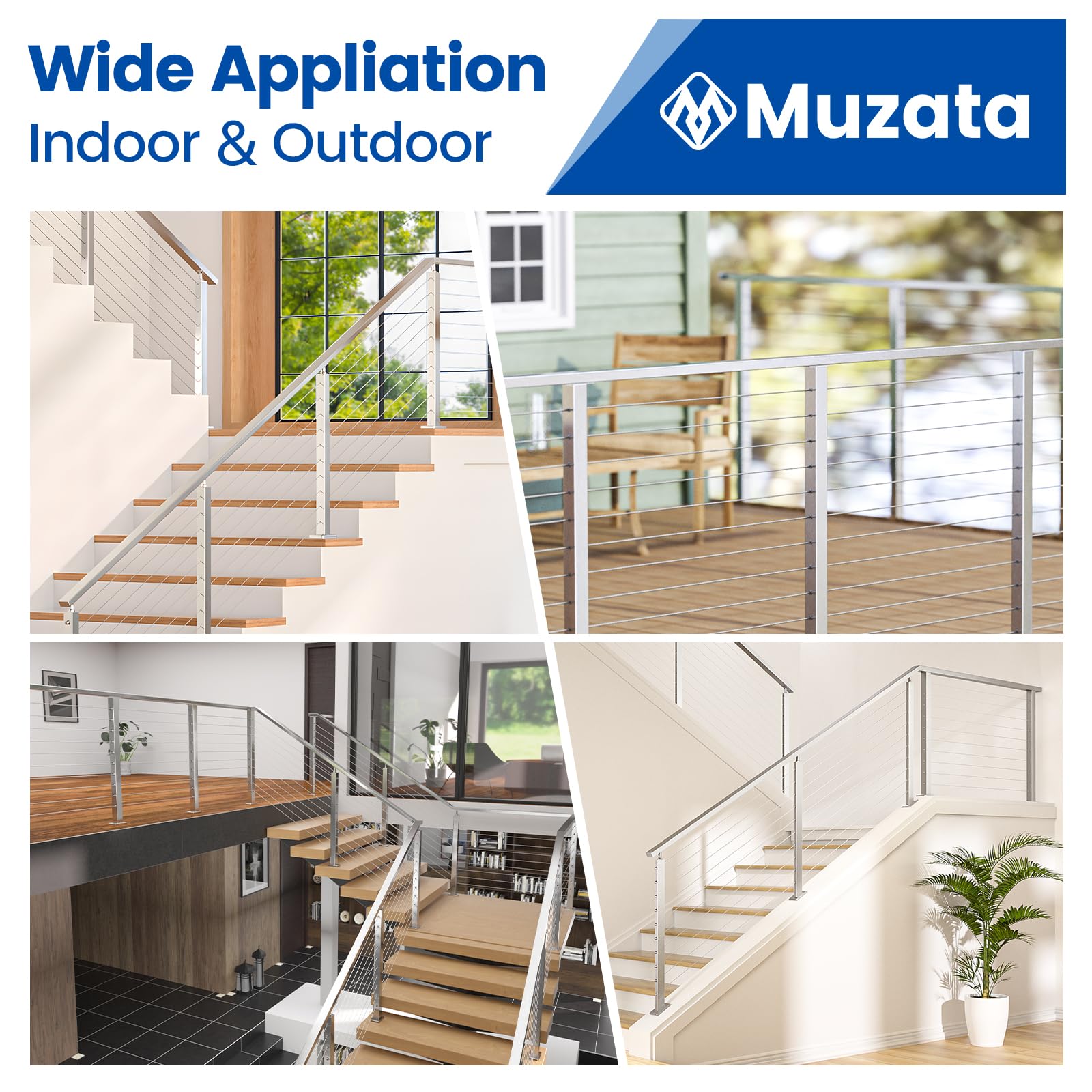 Muzata 6'6" Pre-drilled Stainless Steel Handrail with Extension Connector End Cap for Easy Installation Black Flat Handrail for Cable Railing System, HT14 BP4