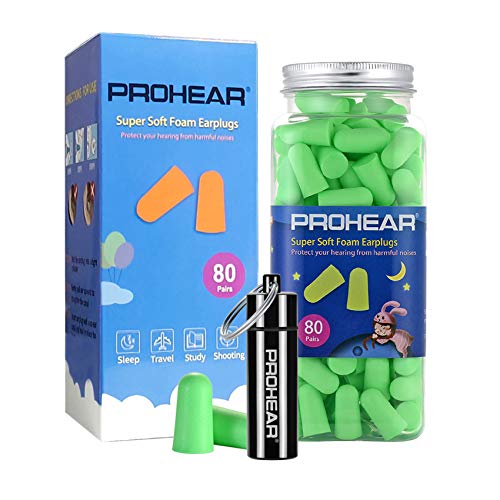 PROHEAR Foam Earplugs 80 Pairs, Ultra Soft Sleeping Ear Plugs Upgraded SNR 38dB Noise Reduction Hearing Protection, Easy Usuable Ear Plugs for Sound Blocking Sleeping, Snoring, School Library (Green)