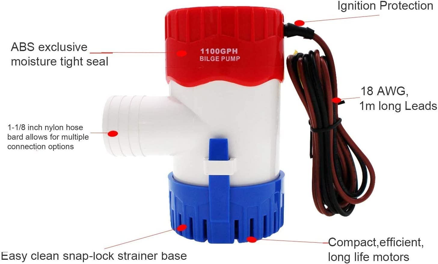 Submersible Boat Bilge Water Pump 12v Non-Automatic Marine Electric Bilge Pump And Bilge Pump Installation Kit Bilge Pump Hose 1-1/8-Inch Dia Plumbing Kit