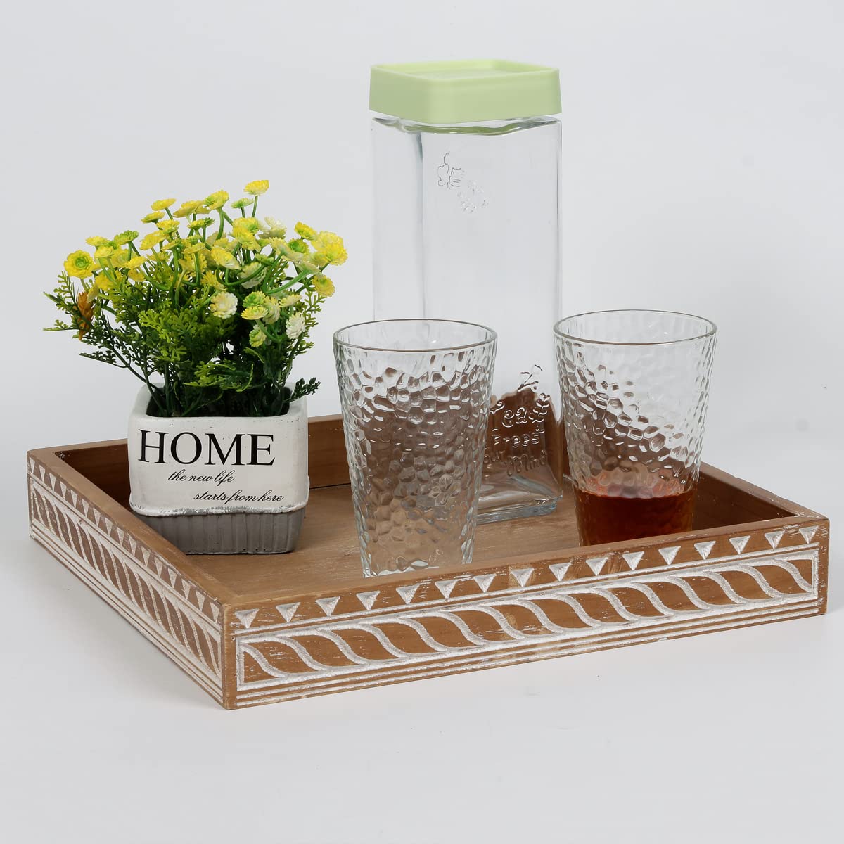 Thewense 12"x12" Farmhouse Decorative Ottoman Coffee Table Accent Tray,Perfect for Storage and Display, Small Square Wood Serving Tray for Office, Kitchen, Dining Room (Square Brown)
