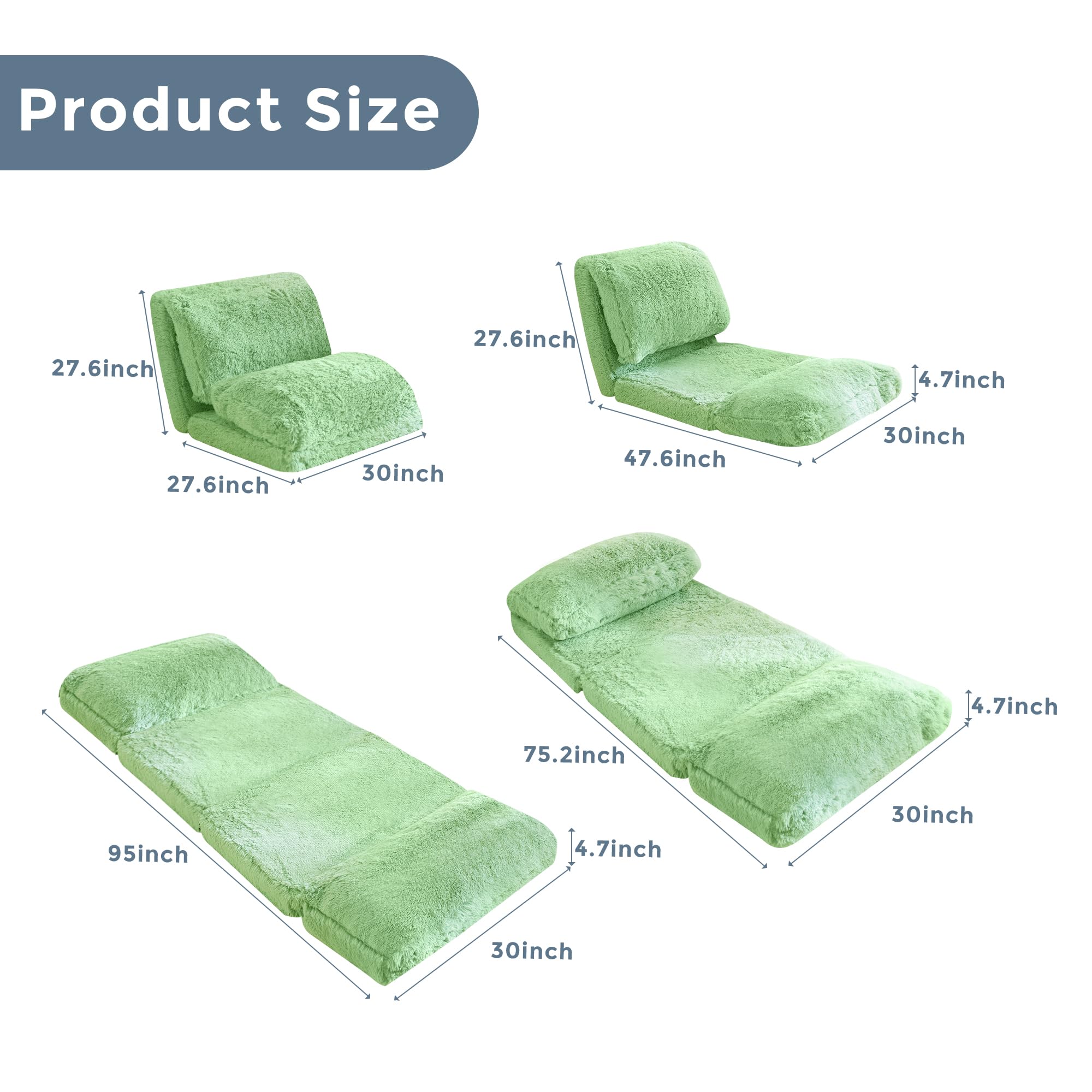 MAXYOYO Bean Bag Bed Floor Bed, Faux Fur Floor Sofa Floor Chairs for Adults, Folding Sofa Bed Foam Filling Wall Couch Sleeper Chairs Single Size Floor Mattress, Green, 30x95 Inch