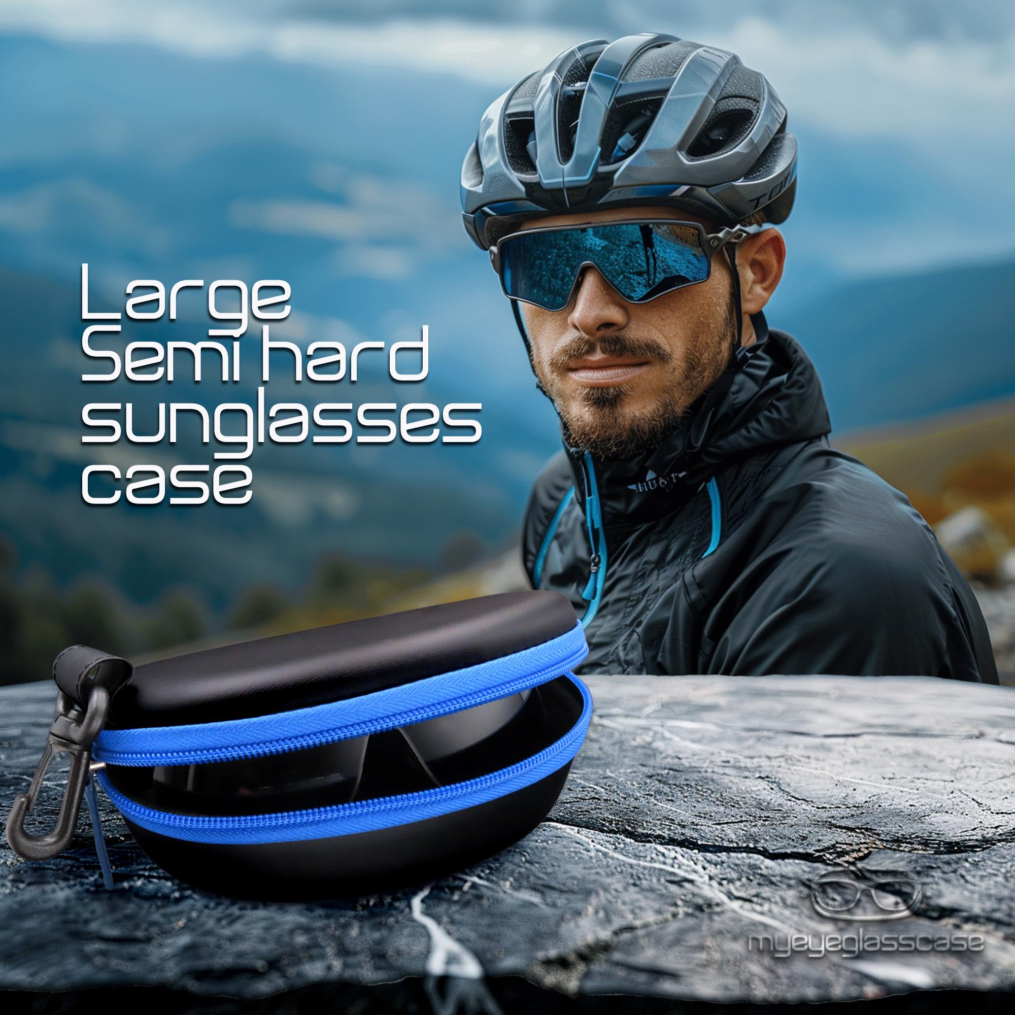 MyEyeglassCase Semi Hard Sunglasses Case with Slim Wallet β ACTIVE EVA Zippered Glasses Case & Carabiner Hook, Hard Eyeglass Case for Large Eyeglasses & Small Goggles (B15HC BLK/BLUE)