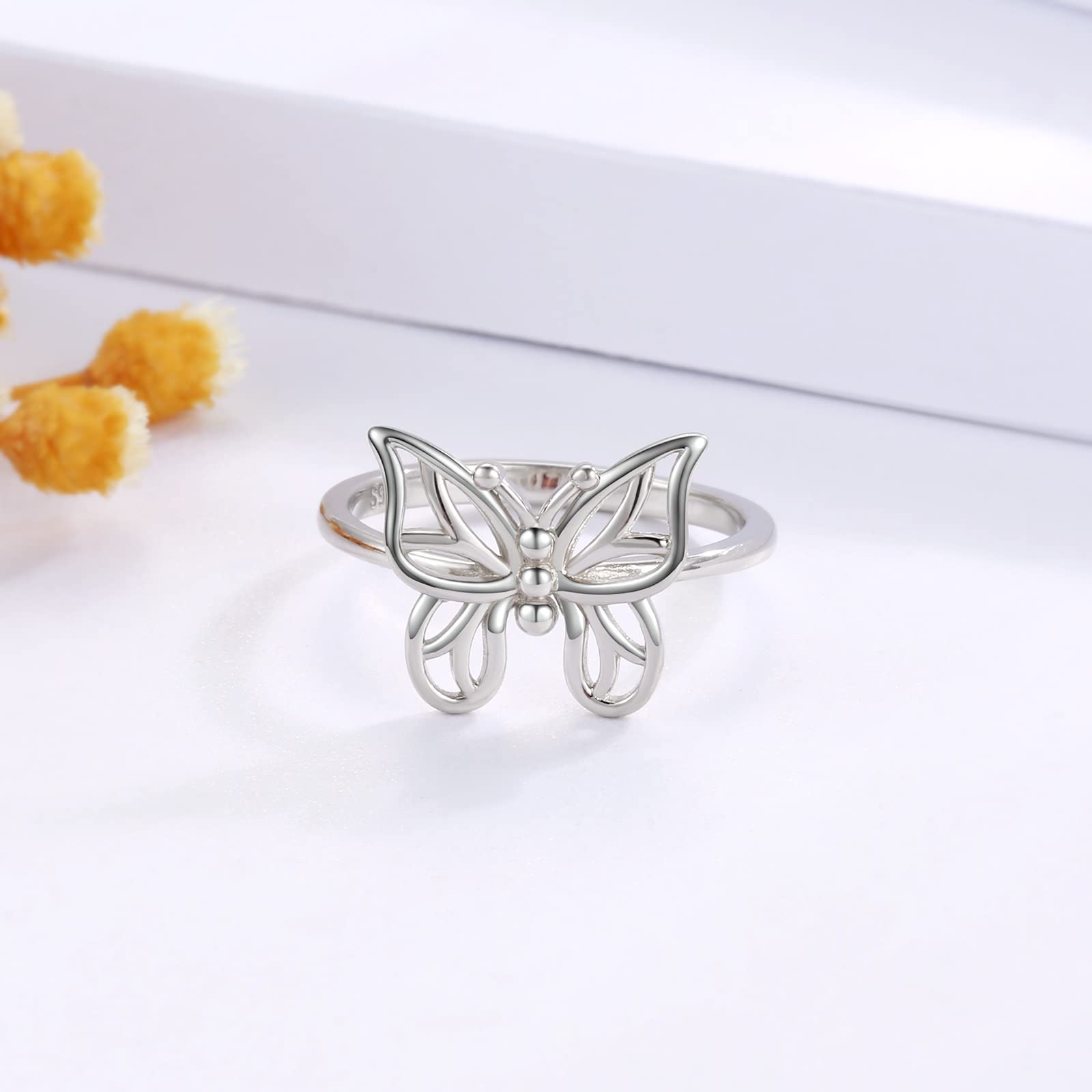 Simple Butterfly Rings for Women Sterling Silver Stackable Filigree Butterfly Ring Jewelry Wife Daughter Mom (A, 8)