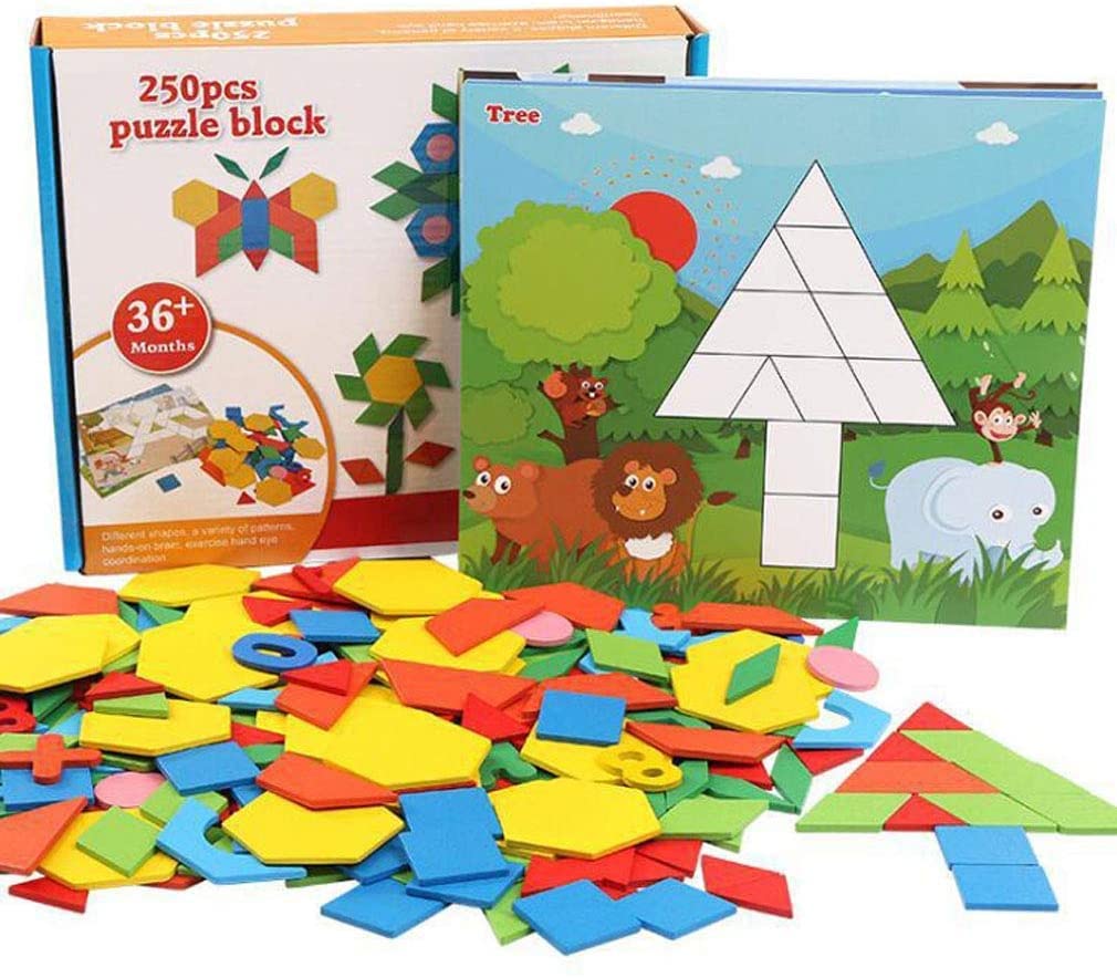 MorTime 250 Pcs Wooden Pattern Blocks and Boards Set, Sturdy Play Board with 10 Double-sided Jigsaw Cards