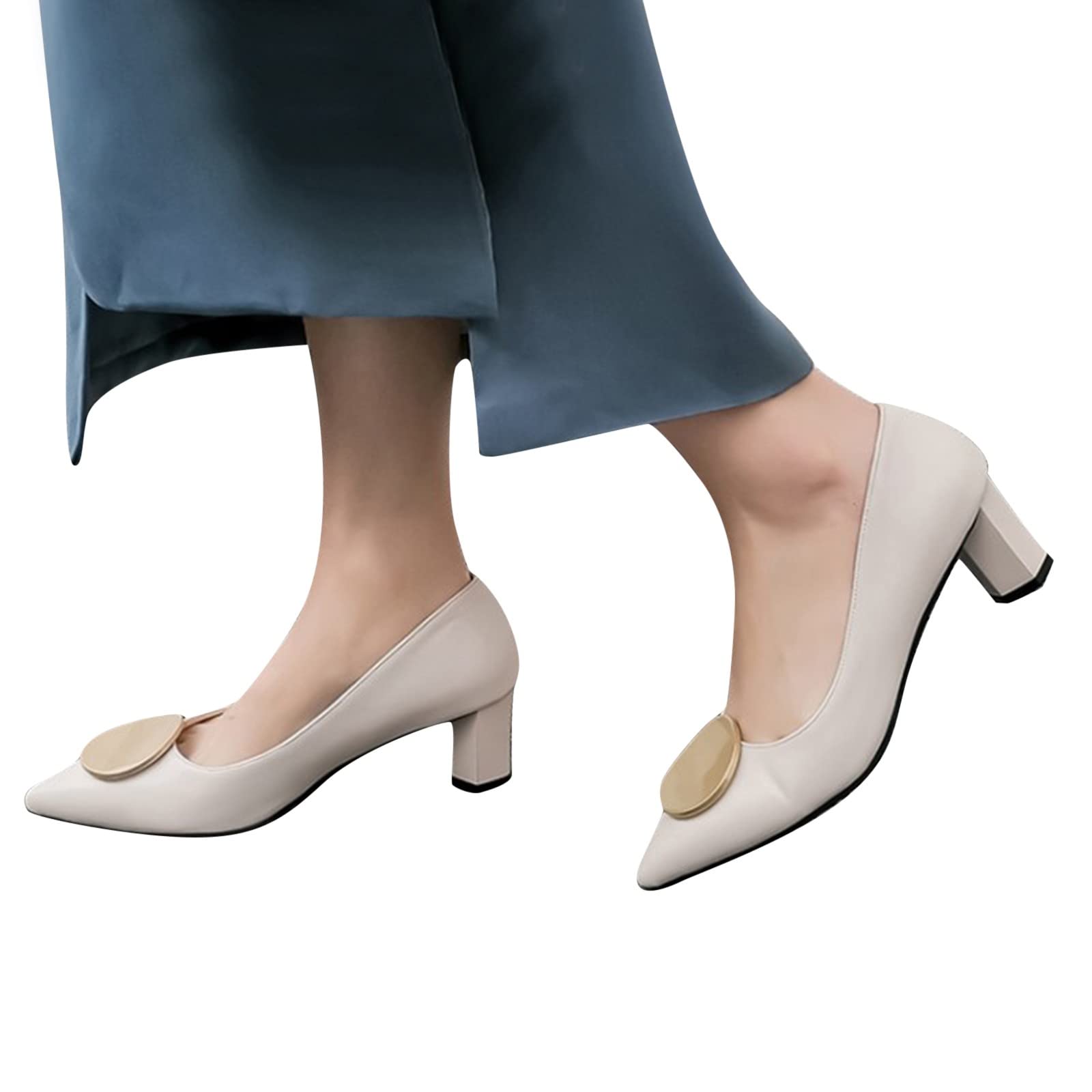 Women's Simple and Stylish Solid Color Spring and Summer Plain Simple Thick Heel Pointed Womens Casual Shoes Leather Beige