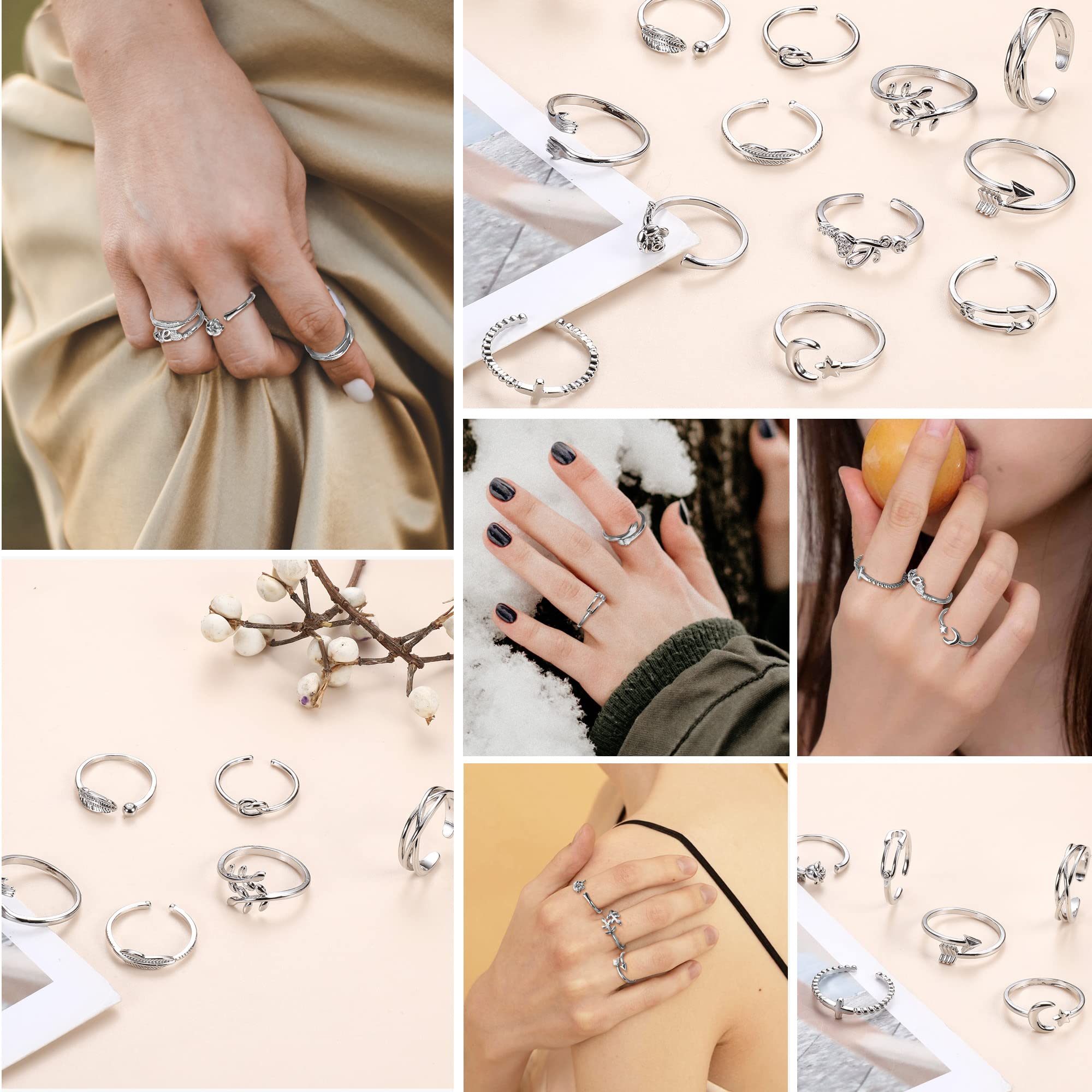 SAILIMUE 12 Pcs Knuckle Rings Toe Ring for Women Arrow Knot Feather Hug Stackable Open Rings Set Thumb Adjustable Rings for Teen