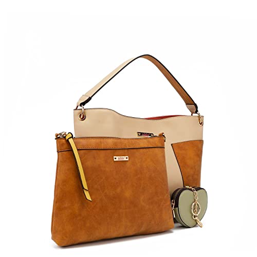 Nicole Lee Nikky Izzy 3 Piece Set with Large Shoulder Bag, Zip Crossbody, Mini Heart Coin Purse Keychain (Beige)