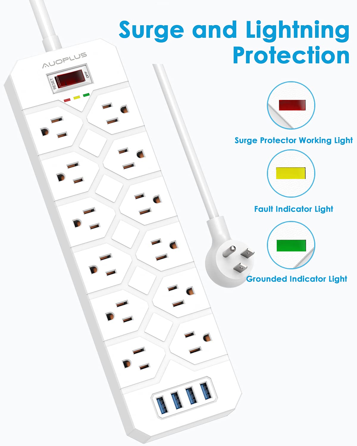 Power Strip Flat Plug, AUOPLUS Surge Protector with 12 Outlets and 4 USB Ports, 6.6 Feet Long Extension Cord (1875W/15A/3400 Joules), Mountable Power Strips for Home, Office, Dorm Essentials