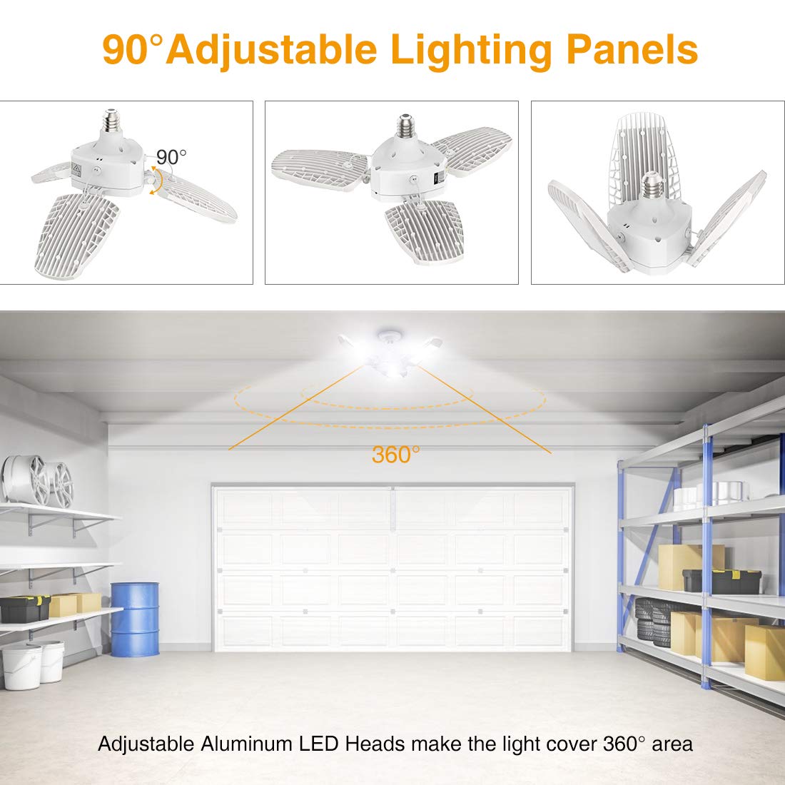 Onforu 100W LED Garage Light, 11000LM Deformable Led Garage Ceiling Lights, E26 Screw in Triple LED Light for Garage with Three Leaf, 5000K Daylight, for Basement, Workshop, Warehouse