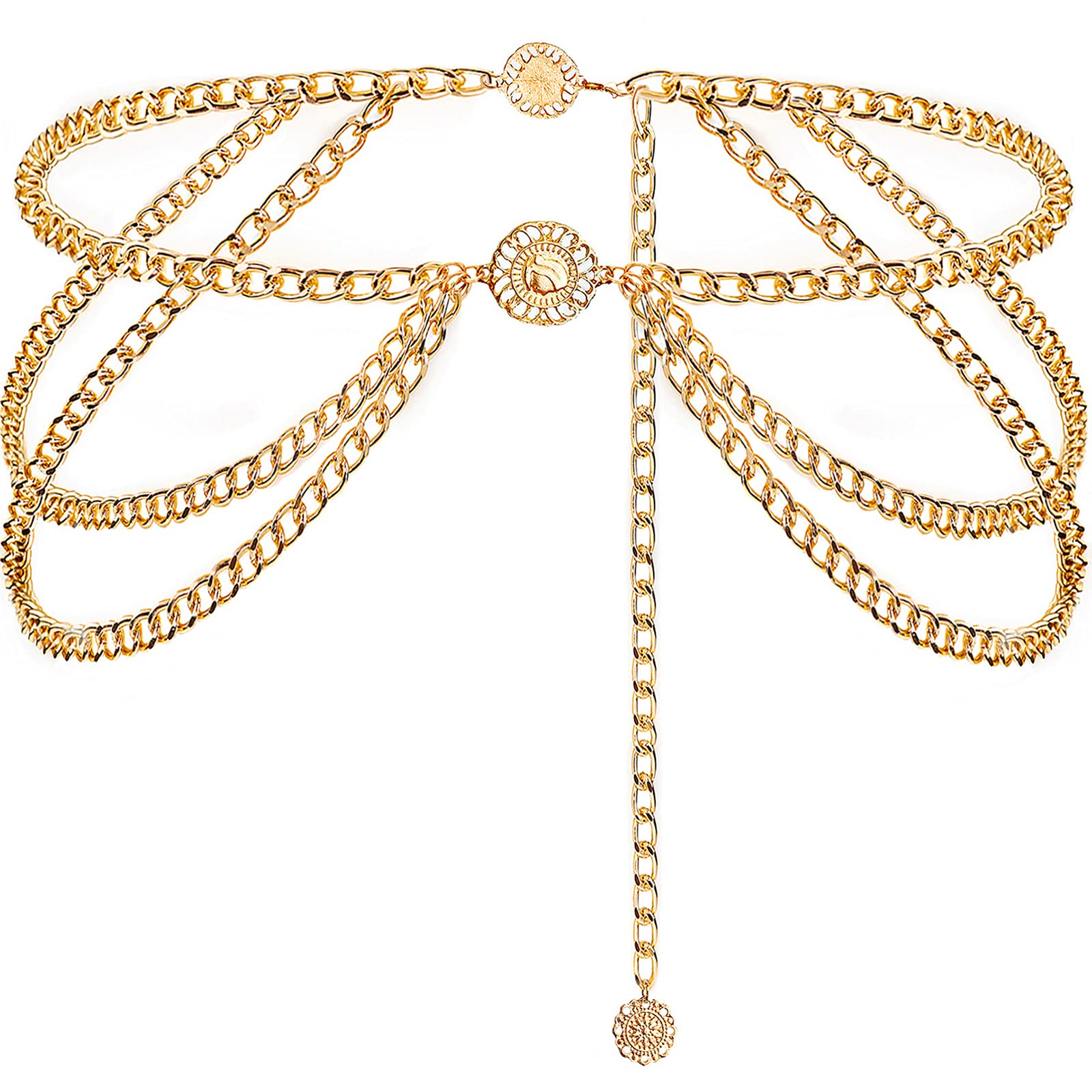 Shareky Metal Layered Waist Chain for Women Multilayer Sunflower Body Chain Belts Gold 130CM