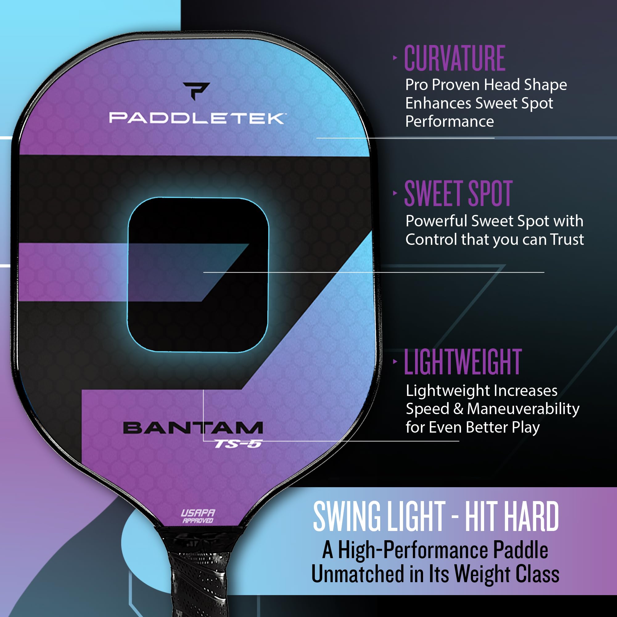 Paddletek Bantam TS-5 Pickleball Paddle | Professional Pickleball Paddles with Honeycomb Core, Textured Fiberglass Epoxy Hybrid Surface, Bantam PolyCore & High Tack Performance Grip | USAPA Approved