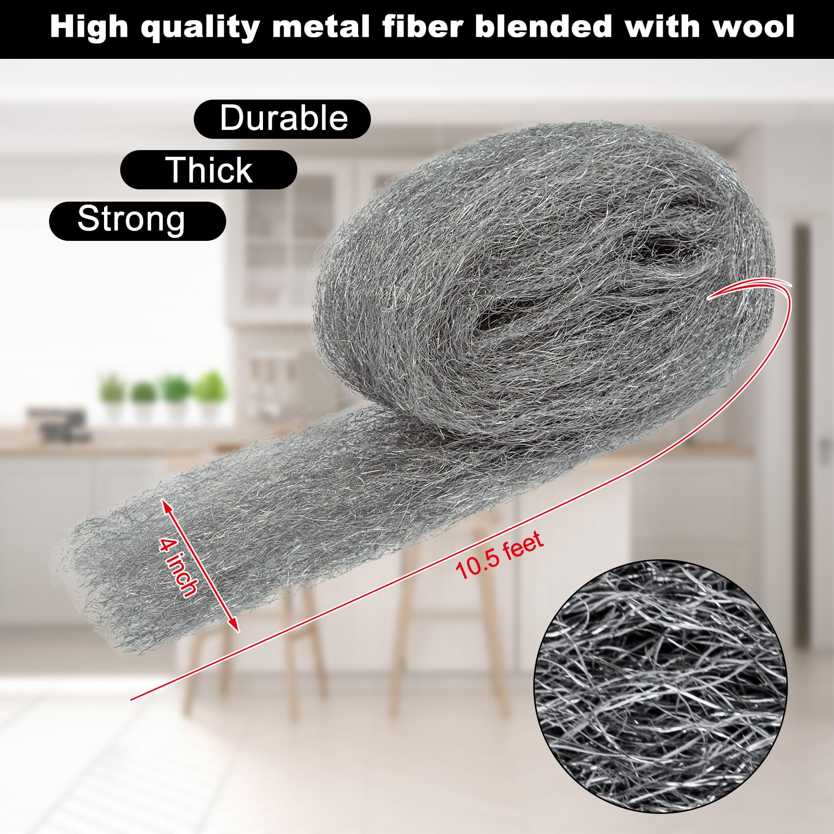 Steel Wool Mice Control 4'' * 21' Total Rodent Control Fill Fabric, Steel Wool Pads Mouse Blocker Keep Mice Away from Holes Wall Cracks Gaps(2 Rolls)
