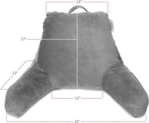 Nestl Reading Pillow Standard Bed Pillow, Back Pillow for Sitting in Bed Shredded Memory Foam Chair Pillow, Reading & Bed Rest Pillows Grey Back Pillow for Bed, Bed Chair Arm Pillow with Pockets