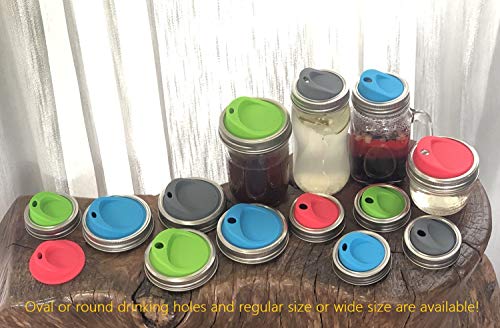 THINKCHANCES Reusable Food Grade BPA Free Silicone Sip Coffee Juice Drinking Lid Kit with Stainless Steel Rings for Mason, Ball, Canning Jars, Pack of 4 Sets (Regular Mouth,Oval Drinking Hole)