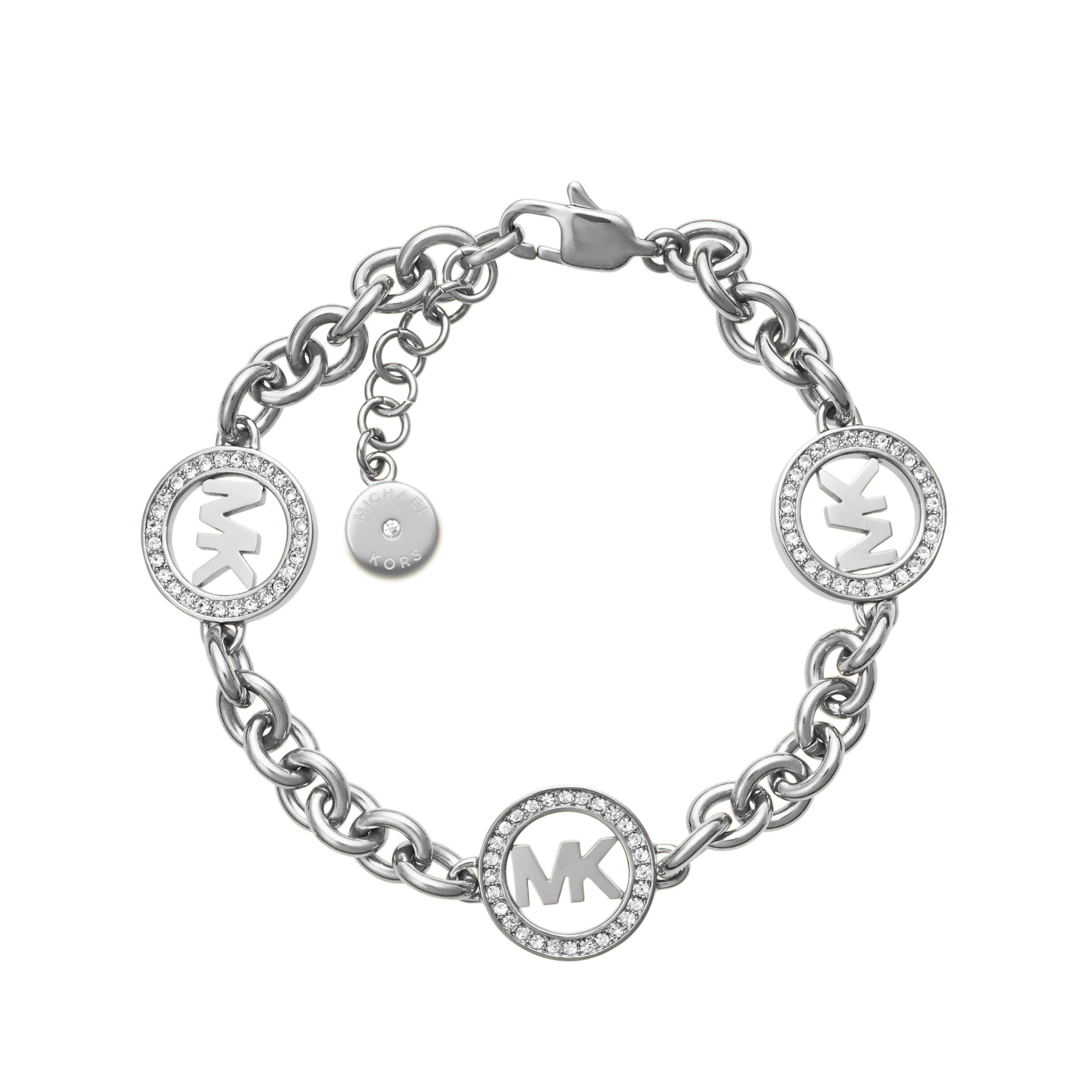 Michael Kors Stainless Steel and Pavé Crystal MK Logo Chain Bracelet for Women, Color: Silver (Model: MKJ4730040)