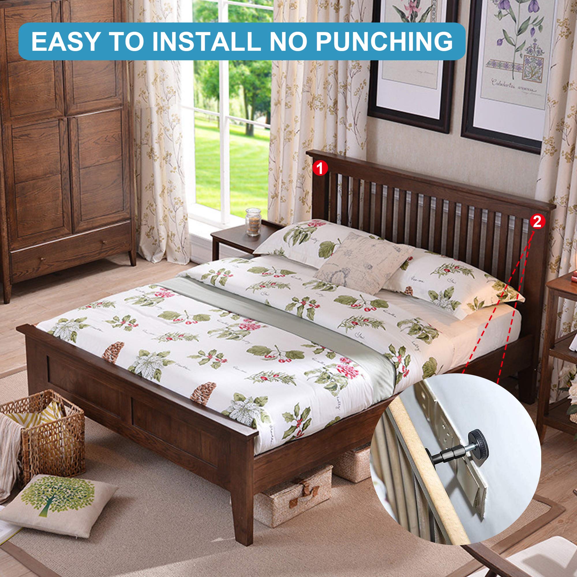 Neatbuddy 2PCS Black Adjustable Bed Frame Anti-Shake Tool, Headboard Stoppers with Free Furniture Pads and Screws, No More Creaking, Protect The Wall from Banging, Easy to Install (1.1-4.7in)