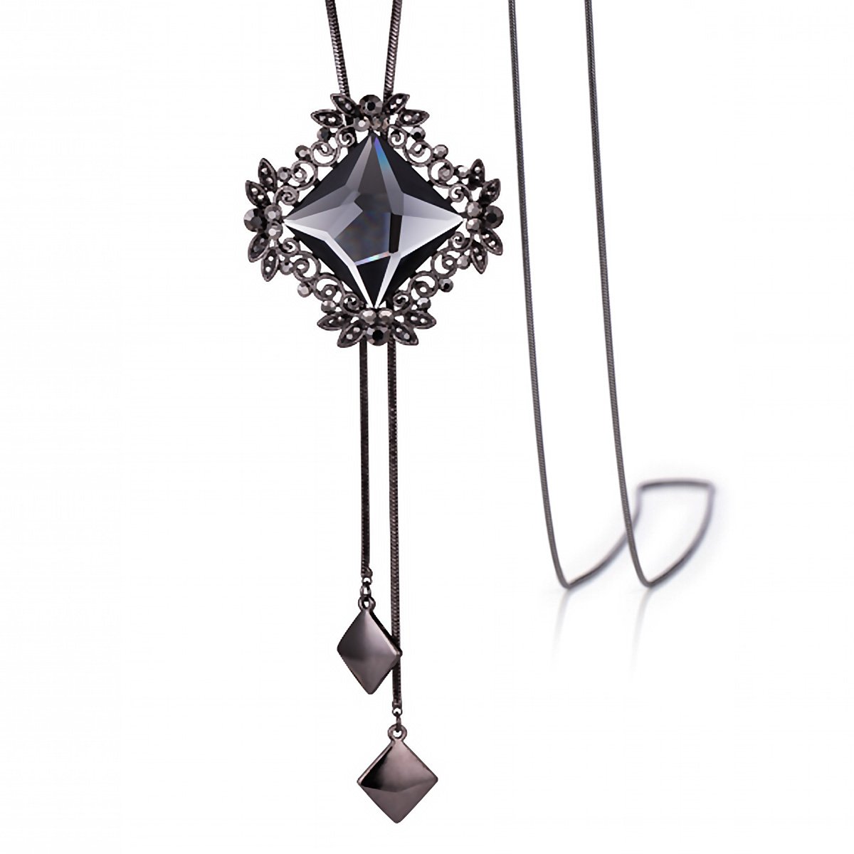 Merdia Long Chain Necklace for Women Rhombus Pendant with Sparkly Glass | Jewelry for Women | Charm Necklace for Women | Long Pendant Necklace for Women | Boho Jewelry for Women (Black)