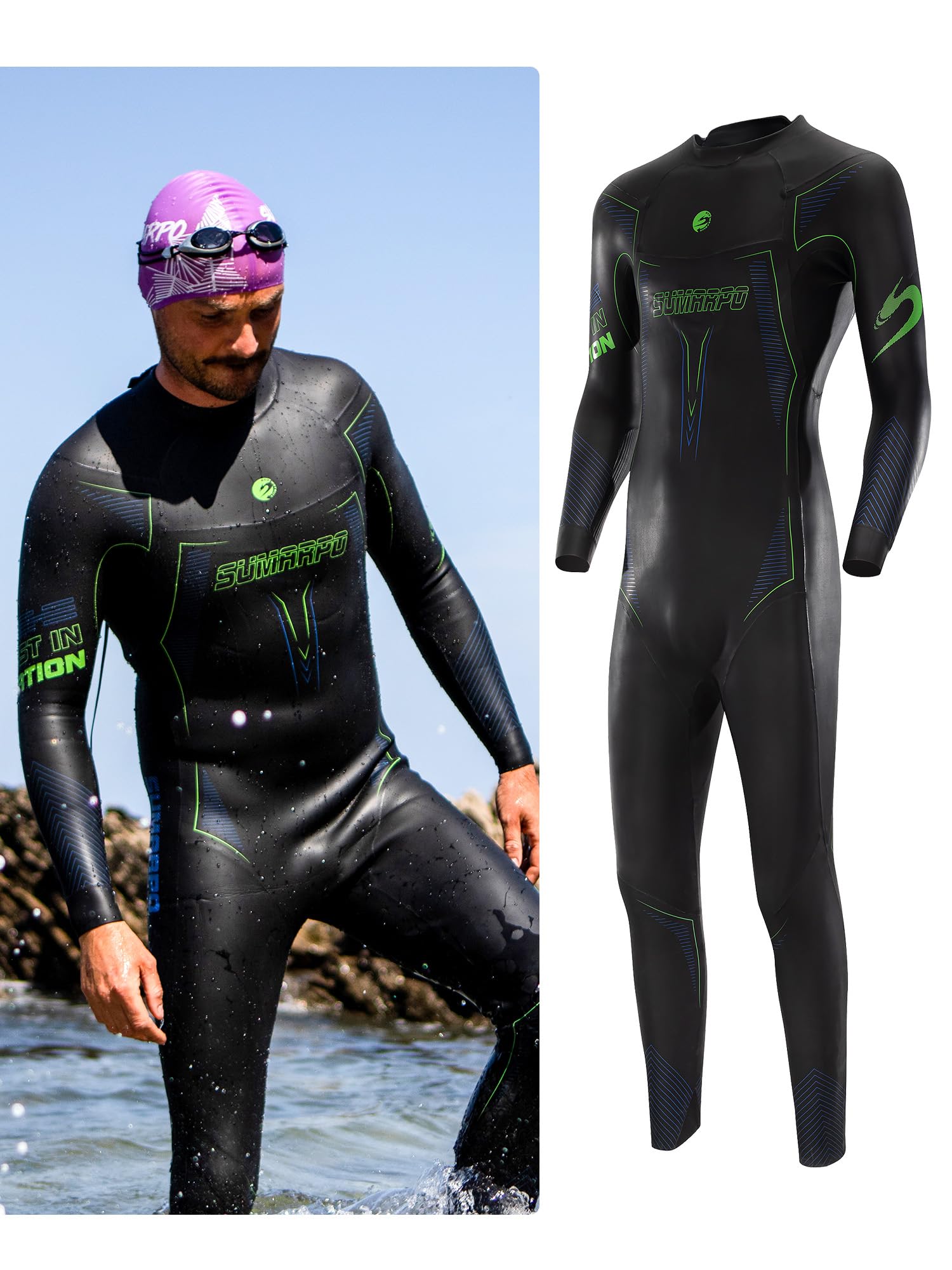 SUMARPO Triathlon Wetsuit Men 3/2mm, ECO-Based Yamamoto SCS Smoothskin Neoprene Skinsuits for Open Water Swimming, Fina & Ironman & USAT Approved
