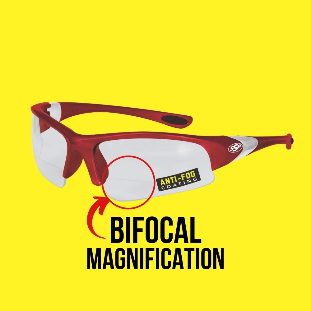 SSP Eyewear 2.00 Bifocal/Reader Safety Glasses with Red Frames and Clear Anti-Fog Lenses, ENTIAT 2.0 RED CL A/F,Red - 2.00 - Clear Anti-Fog