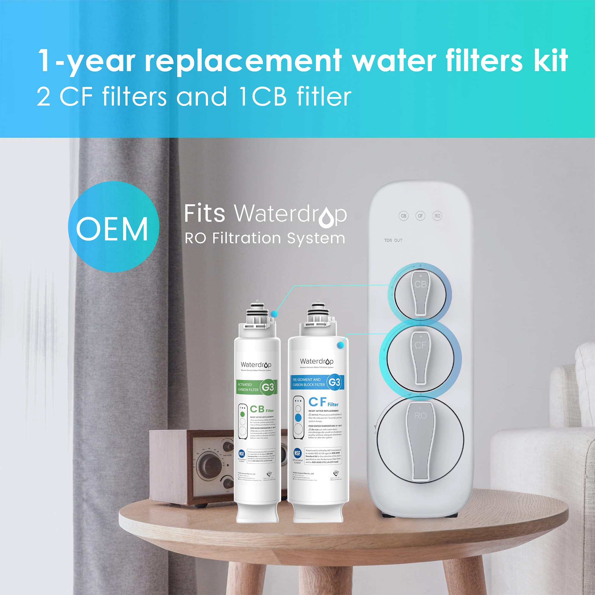 Waterdrop G3P800 Reverse Osmosis System with WD-G3-2CFCB Filter, 800 GPD Fast Flow, NSF/ANSI 42 & 58 & 372 Certified, 3:1 Pure to Drain
