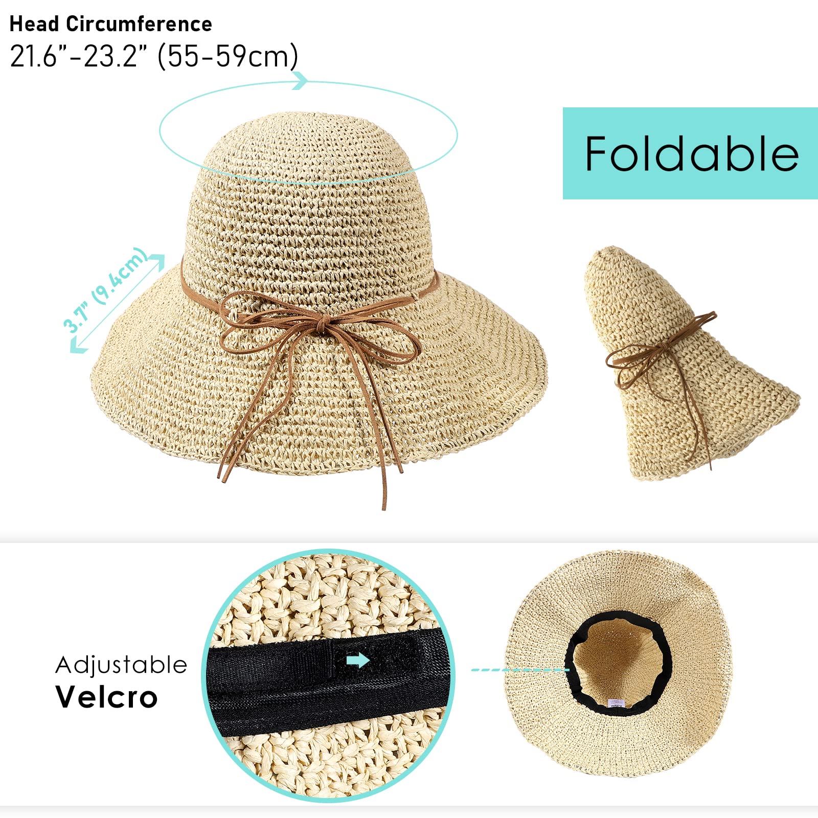 Women's Foldable Straw Sun Hat Wide Brim UPF 50+ Crochet Summer Floppy Beach Hat Beige