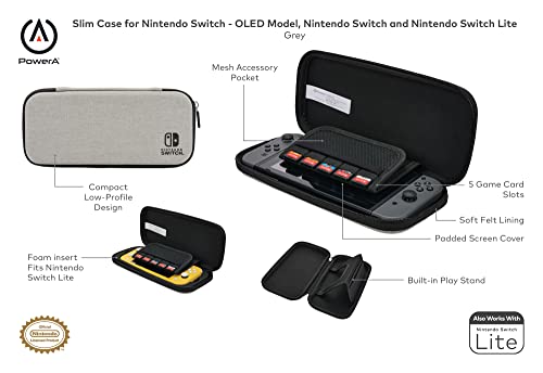 PowerA Slim Case for Nintendo Switch - OLED Model, Nintendo Switch or Nintendo Switch Lite - Grey, Protective Case, Gaming Case, Console Case, Accessories, Storage, Officially licensed