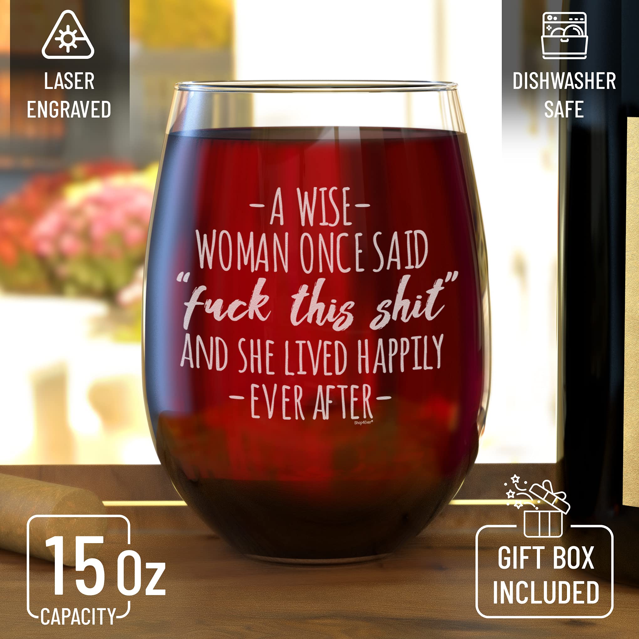 shop4ever A Wise Woman Once Said F This And She Lived Happily Ever After Engraved Stemless Wine Glass 15 oz. Funny Divorce Retirement Feminist Gift