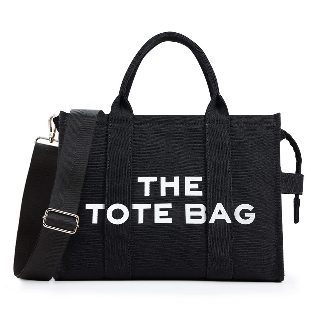Tote Bag for women, Canvas Crossbody Bag with Zipper, Luxury Shoulder Purse for Travel, School, Work, Medium Designer Handbag(A-Black)