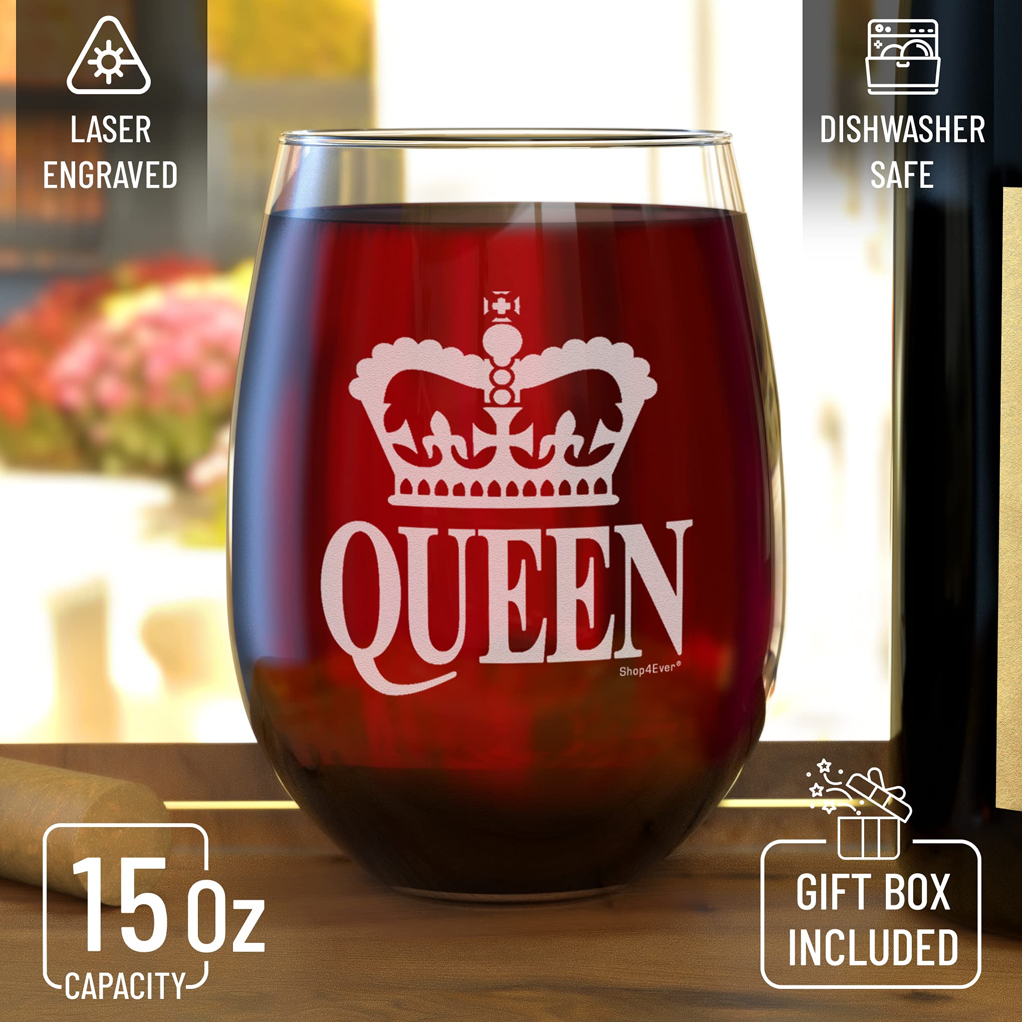 shop4ever Crown Queen Laser Engraved Stemless Wine Glass