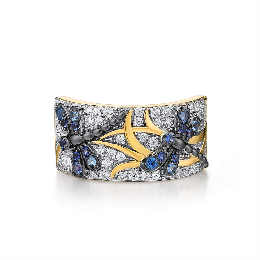 Santuzza 14K Gold Plated Dragonfly Ring Cubic Zirconia Blue Spinel 925 Sterling Silver Ring for Women (6.5)