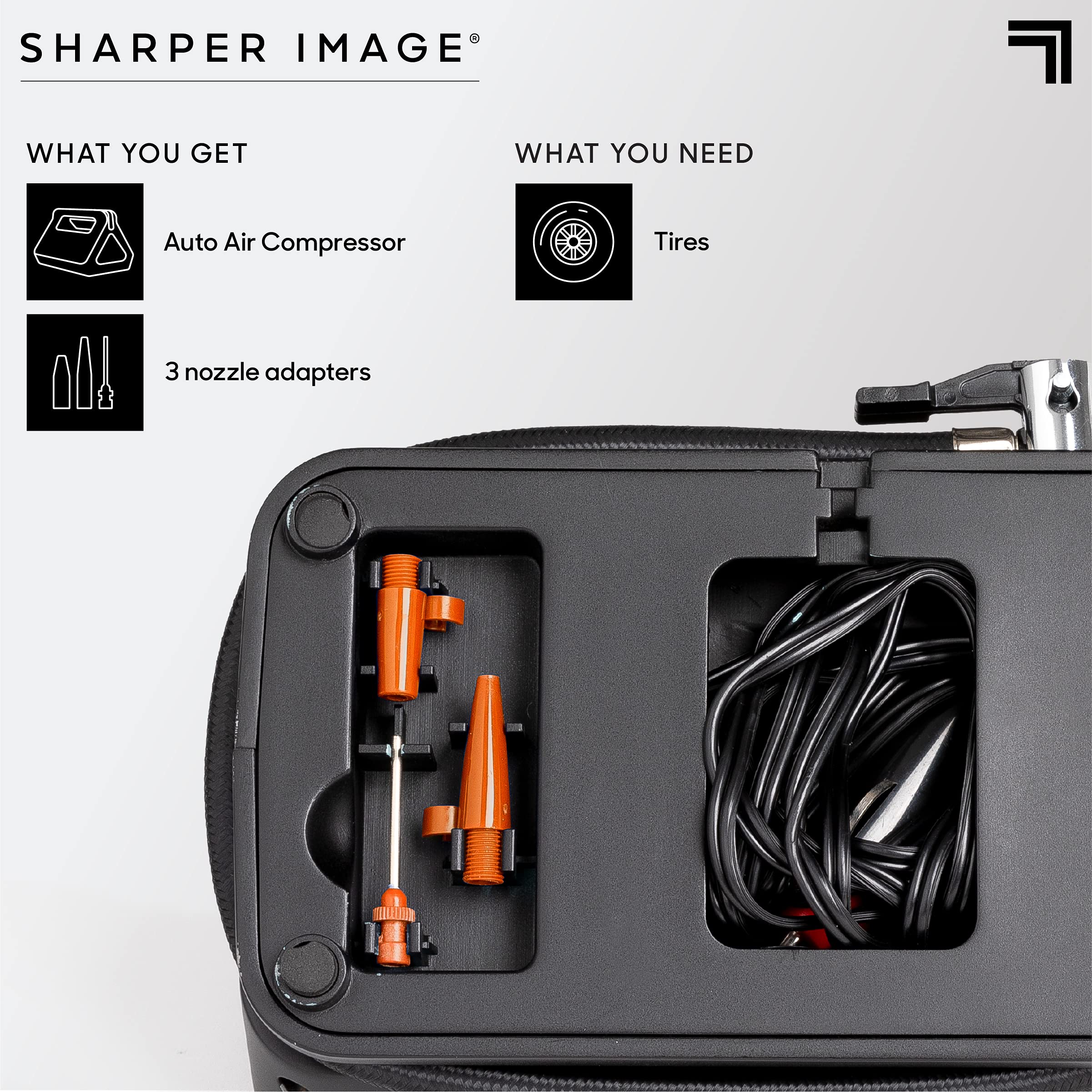 SHARPER IMAGE DC 12V Car Air Compressor With Built-in LED Light, 8 Foot Cord, 120 PSI Max, Includes 3 Nozzle Attachments, Car & Bike Tires, Quick Inflator For Balls Wheels and More