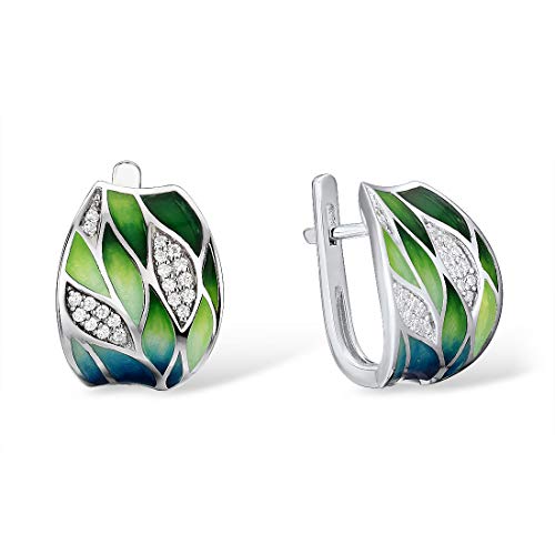 Santuzza 925 Sterling Silver Bamboo Leaves Dangle Earrings Cubic Zirconia Handmade Enamel Leaf Pattern Nature Earrings for Women
