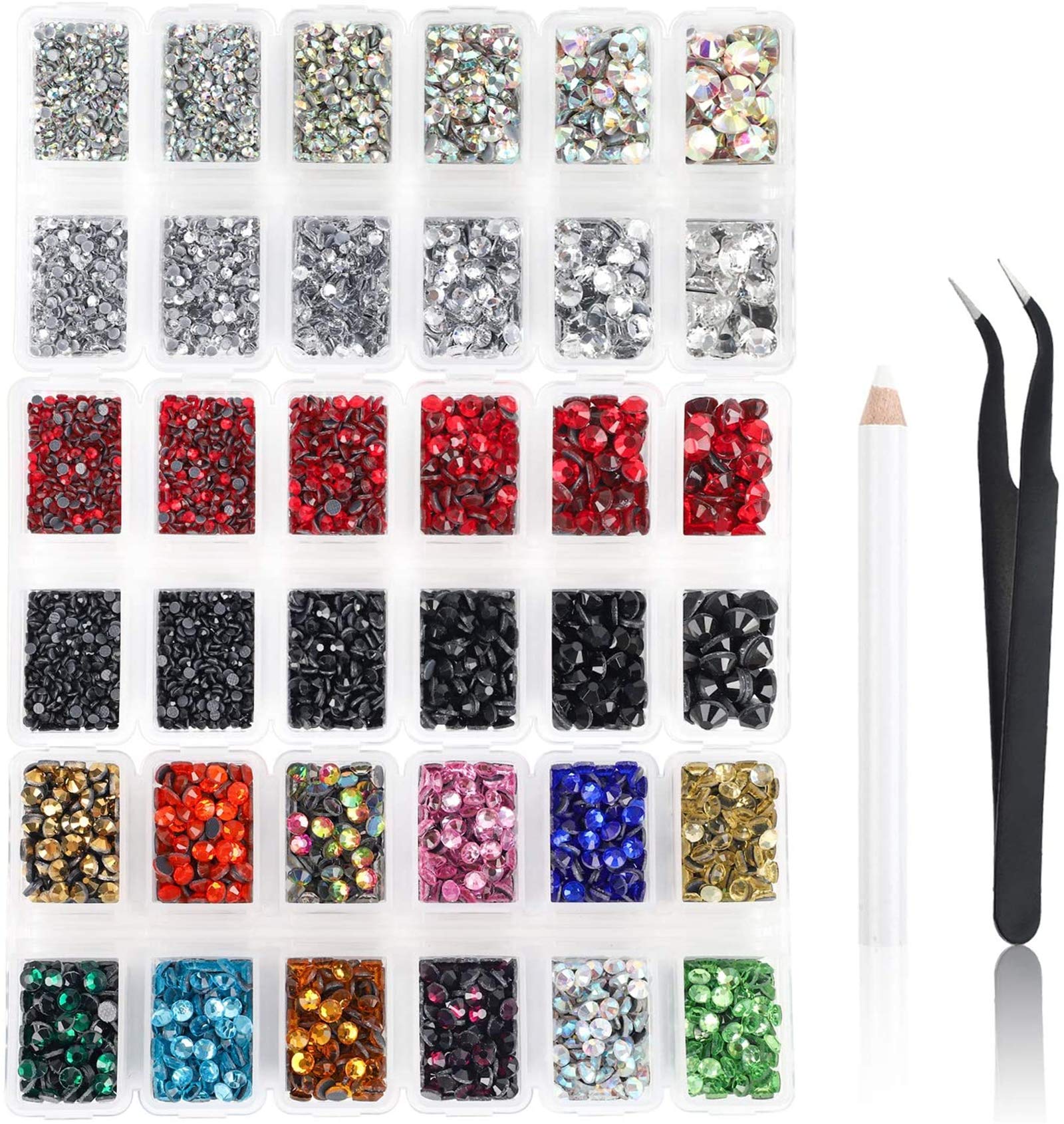 Outuxed 8496pcs Hotfix Rhinestones Flatback Crystal Glass Gems Set with Clear Crystal and Clear AB, Black and Red Rhinestones 5 Sizes,12 Mixed Color 4mm for DIY Craft, Clothes