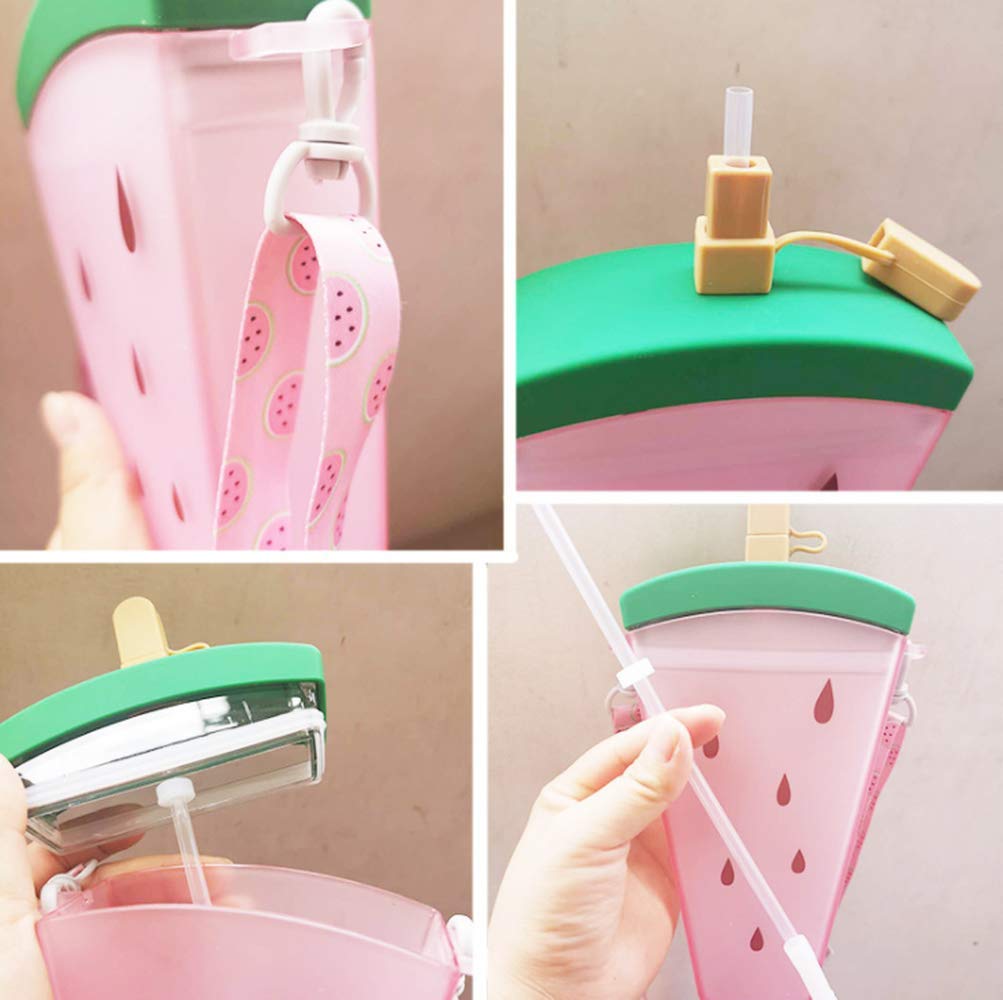 YunQin 320ml Plastic Water Bottles, 4 Colors Cute Watermelon Ice Cream Water Bottle with Straw, Anti-fall Portable Popsicle Shape Water Cup for Girls (pink)