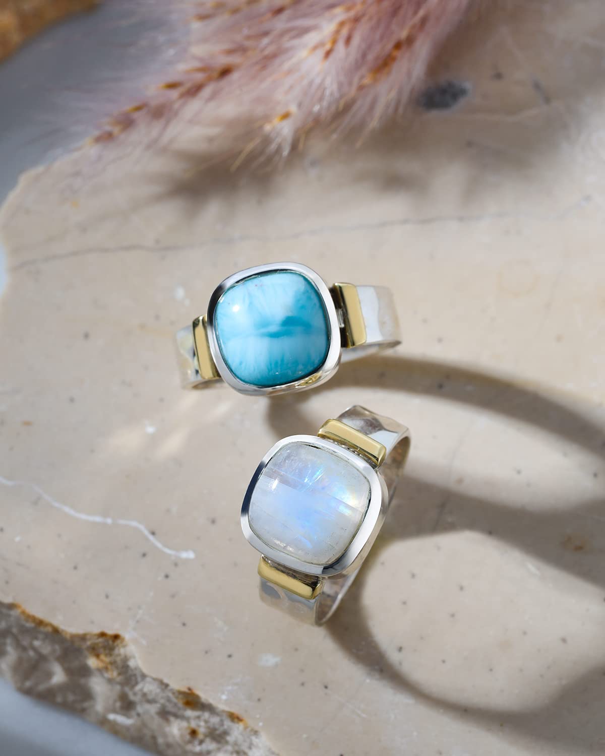 YoTreasure Larimar Solitaire Ring 925 Sterling Silver with Brass Accents