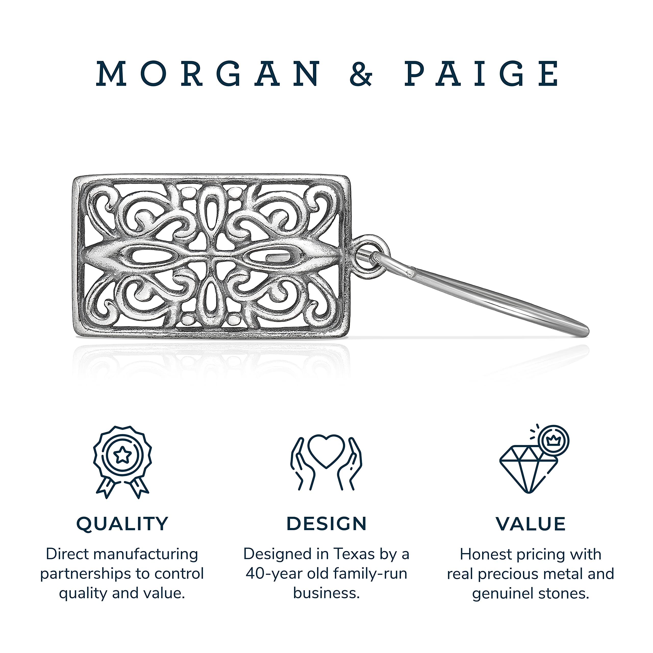 MORGAN & PAIGE Rhodium or 18k Gold Plated Celtic Knot Earrings For Women - 925 Sterling Silver Celtic Dangle Earrings With Rectangle Drop Pendant - Handcrafted - Jewelry Gift for Her