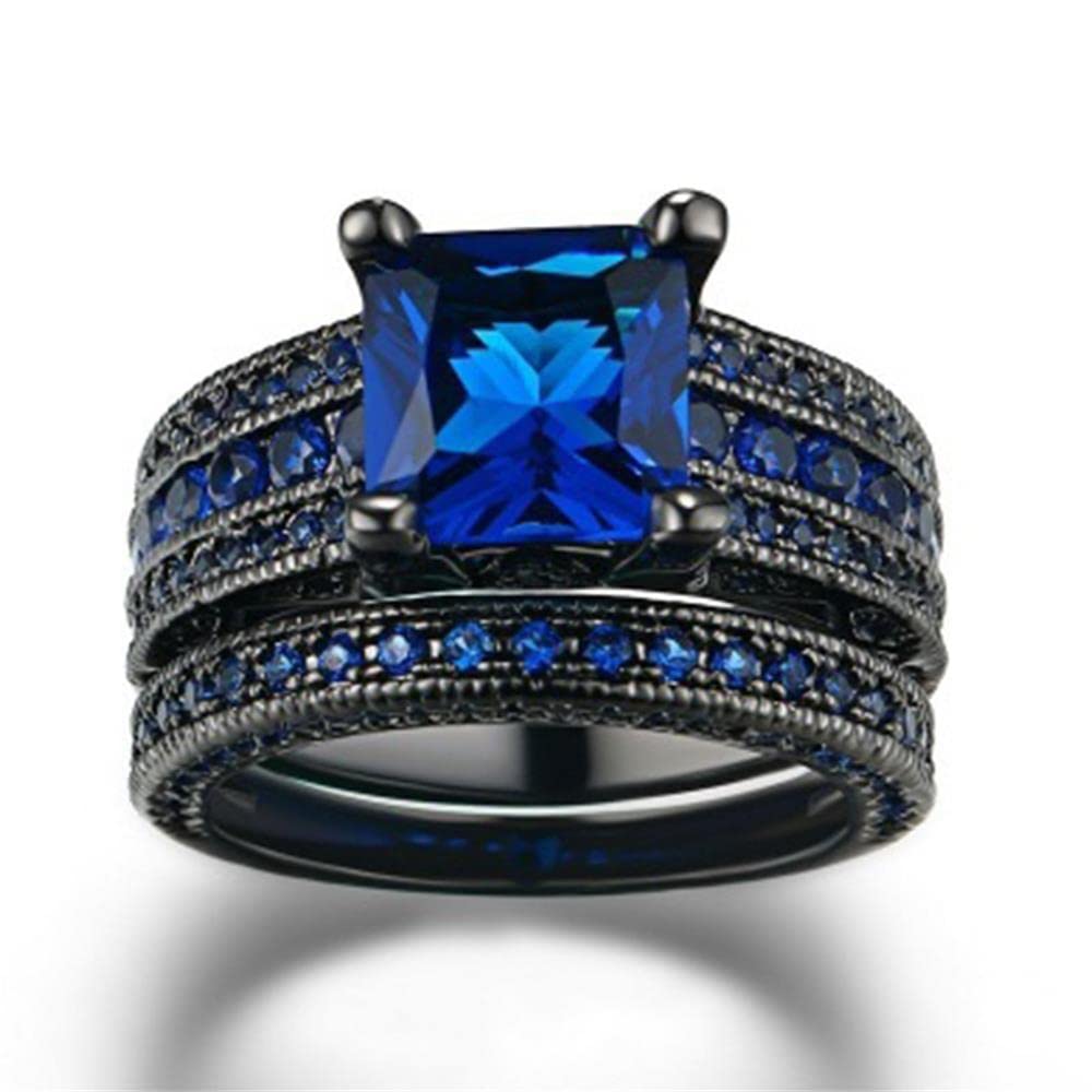 Women's Jewelry Black Gold Plated Princess Cut Blue CZ 2 Piece Wedding Engagement Rings Promise Bridal Set (US Code 5-12) (9)