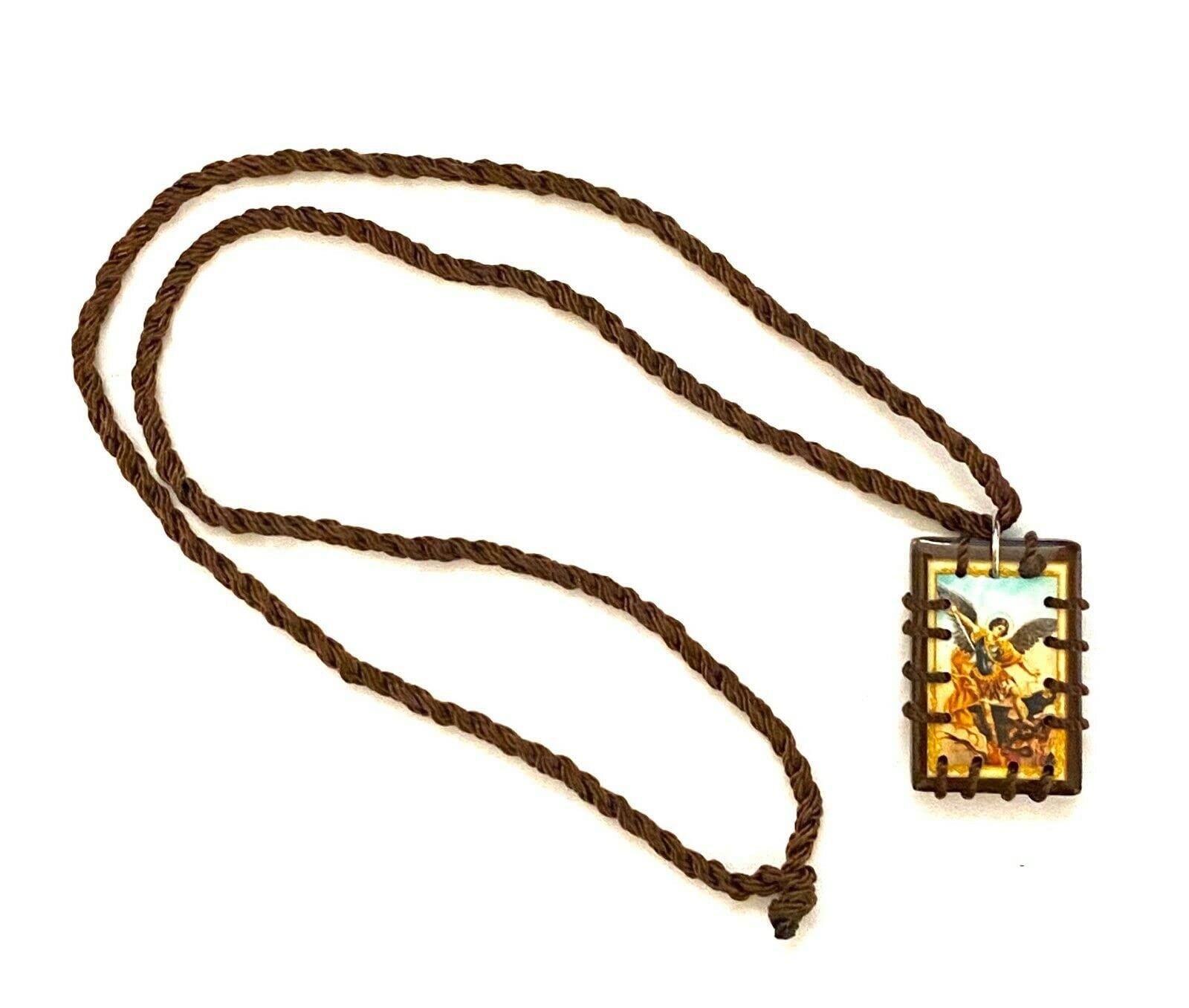 St Michael Brown Scapular Necklace Escapulario Madera Cafe San Miguel Arcangel