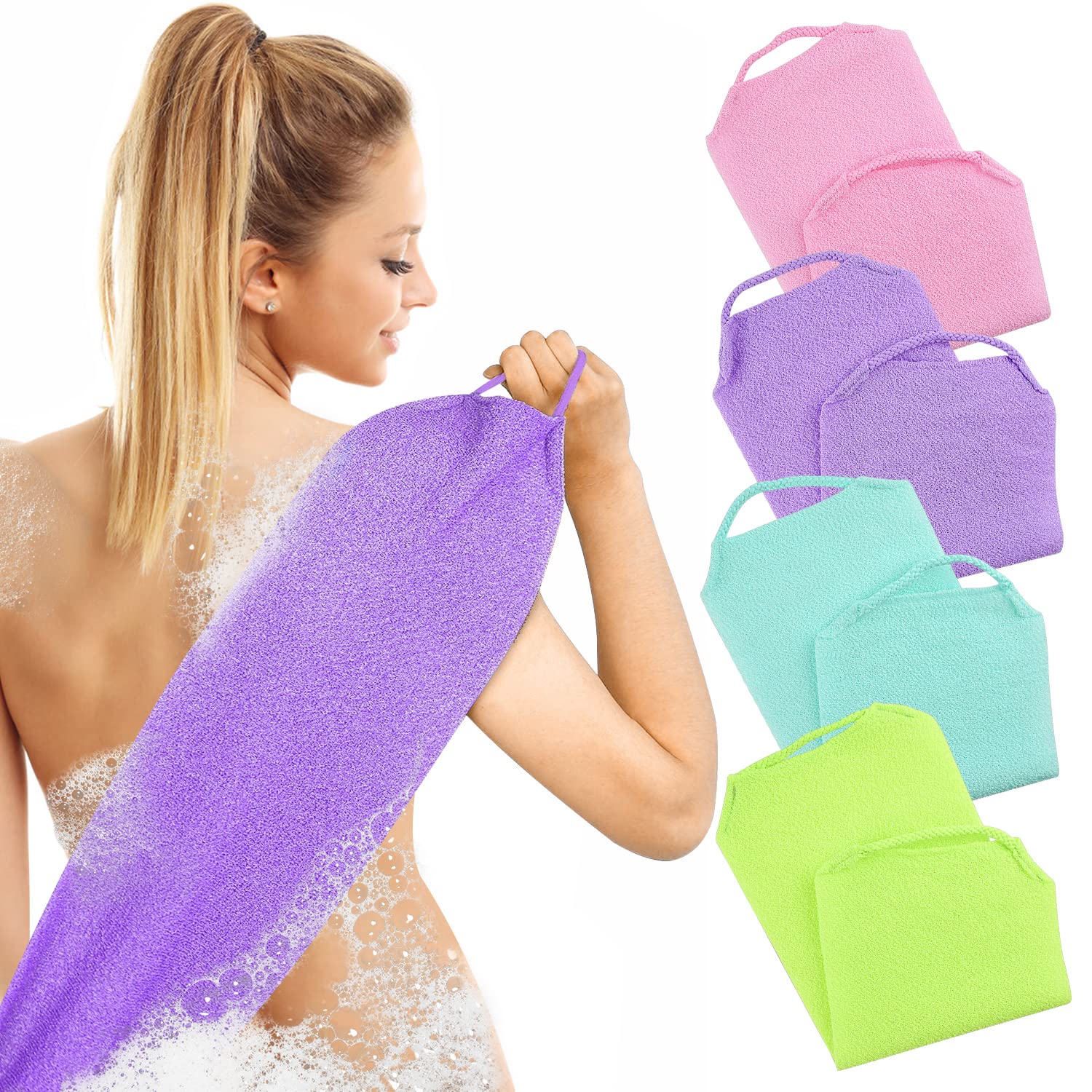 WXJ13 4 Packs Nylon Back Exfoliator, Exfoliating Back Scrubber with Handles, Exfoliating Towel Body Exfoliator Back Washer Scrubber Stretchable Pull Strap Exfoliating Washcloth for Body Shower