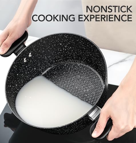 MICHELANGELO 4 Quart Cooking Pot with Lid, Nonstick Stock Pot, Granite Soup Pot with Lid, Induction Pot with Stay-cool Handle, 4 Qt Stockpot Non Stick Pot Black