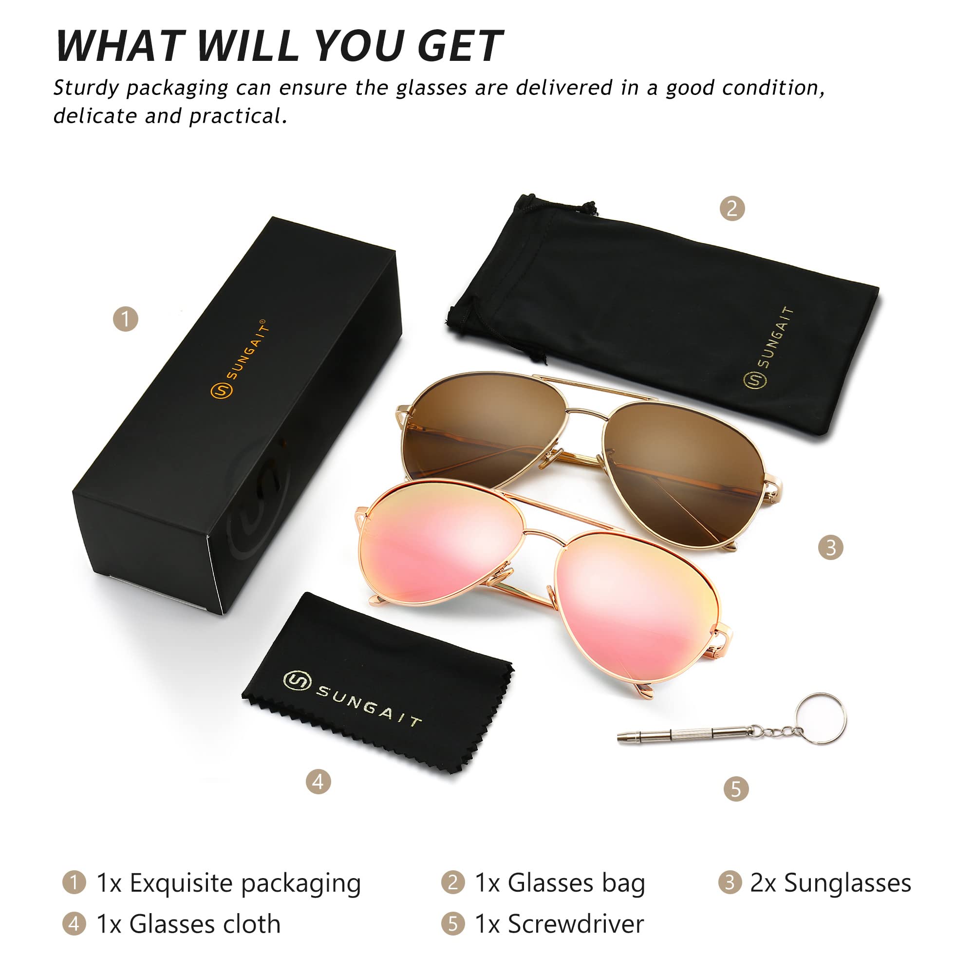 SUNGAIT Aviator Polarized Sunglasses UV400 Protection for Men Women - Full Metal Spring Hinge (Black Frame/Grey Lens, 60) SGT606-HH