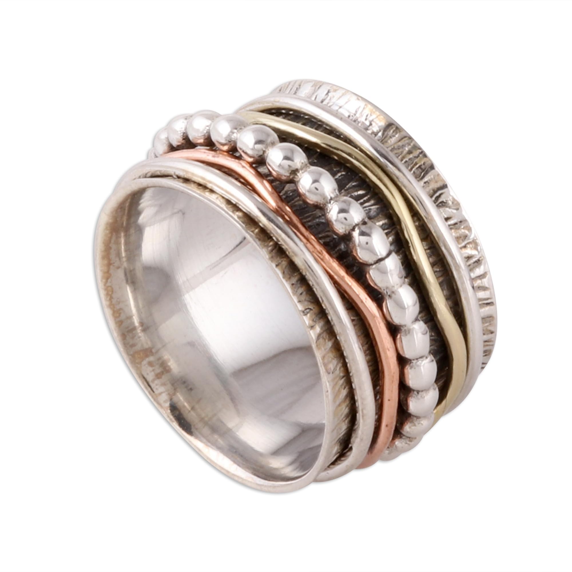 NOVICA Artisan handmade sterling silver spinner ring patterned rig with brass copper no stone meditation india [Band width 12 mm W] ' dotted flair'