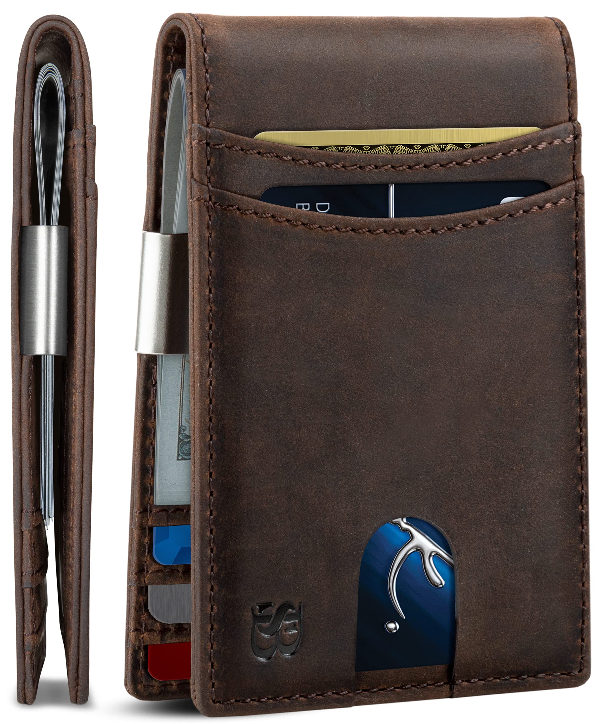 SERMAN BRANDS Mens Money Clip Wallet. RFID Blocking Slim Front Pocket Wallets for Men, Full Grain Leather RFID Minimalist Card Holder (Texas Brown Navigator)