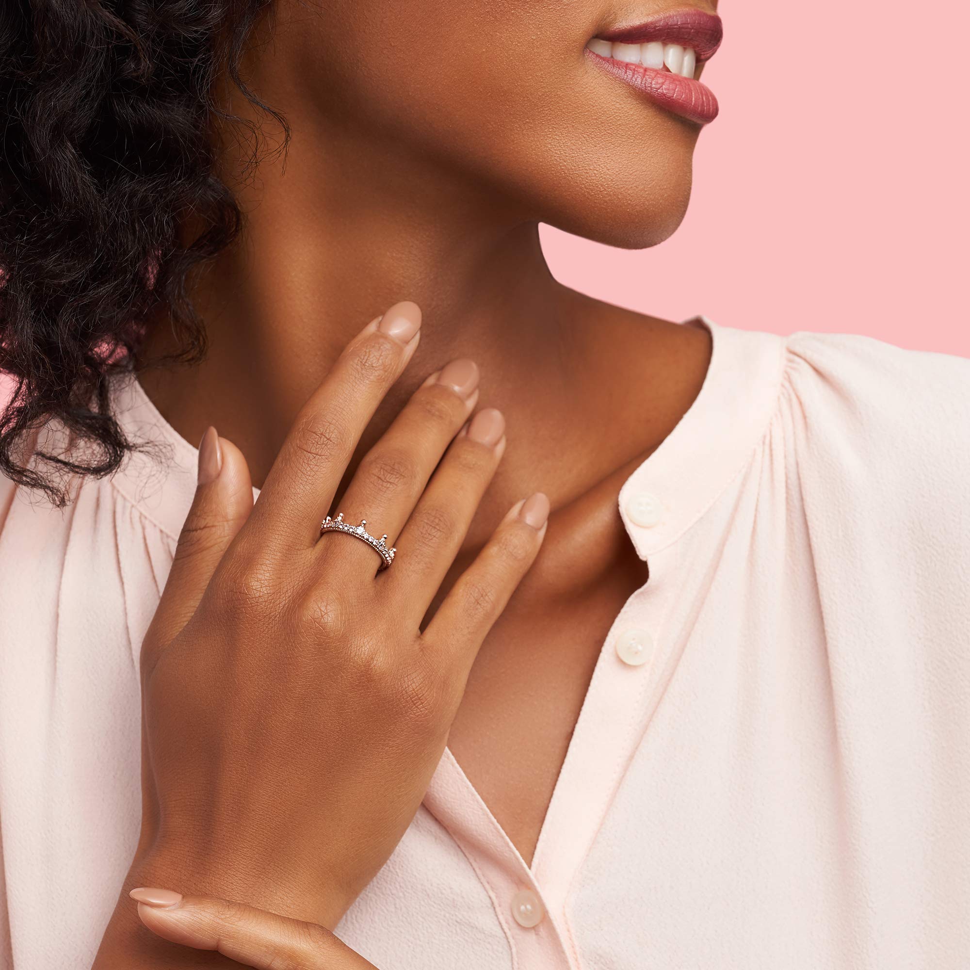 Pandora Enchanted Crown - Pink Sparkling Crown Ring - Rose Gold Ring for Women - Layering or Stackable Ring - Gift for Her - 14k Rose Gold-Plated Rose with Pink Crystals - Size 7