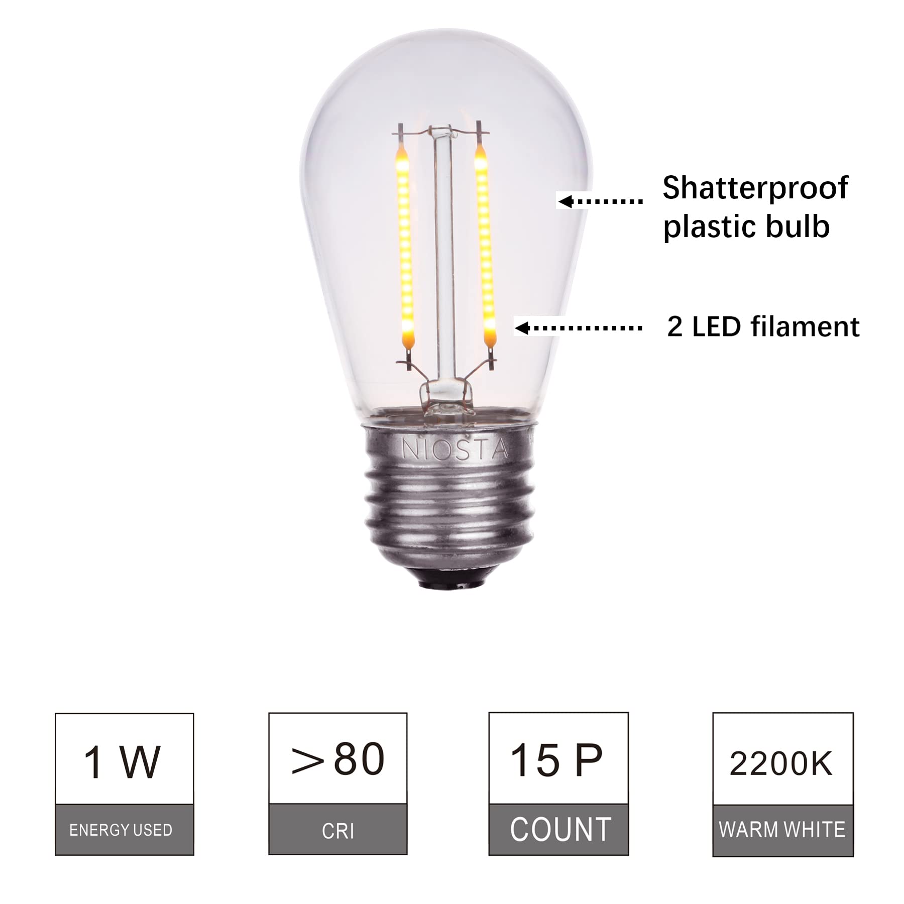 NIOSTA 15 Pack S14 LED Replacement Light Bulbs for Outdoor String Lights, 2200K Warm White Lighting and E26 Base, 1W LED Filament and Clear Waterproof Glass Bulb