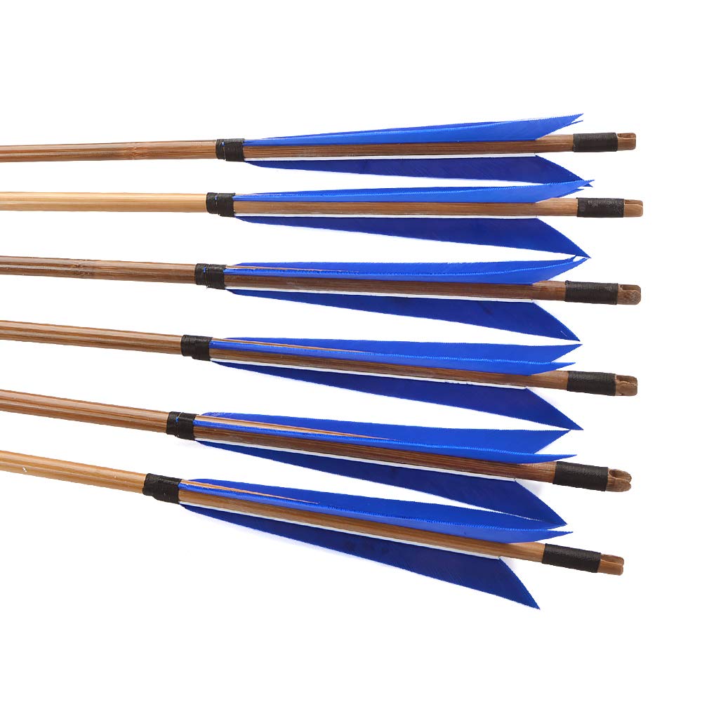 SHARROW 6 Pack 33 inch Traditional Bamboo Arrows Target Practice Arrow with 5 inch Tureky Feather and Broadheads for Recurve Bow Longbow (Blue)