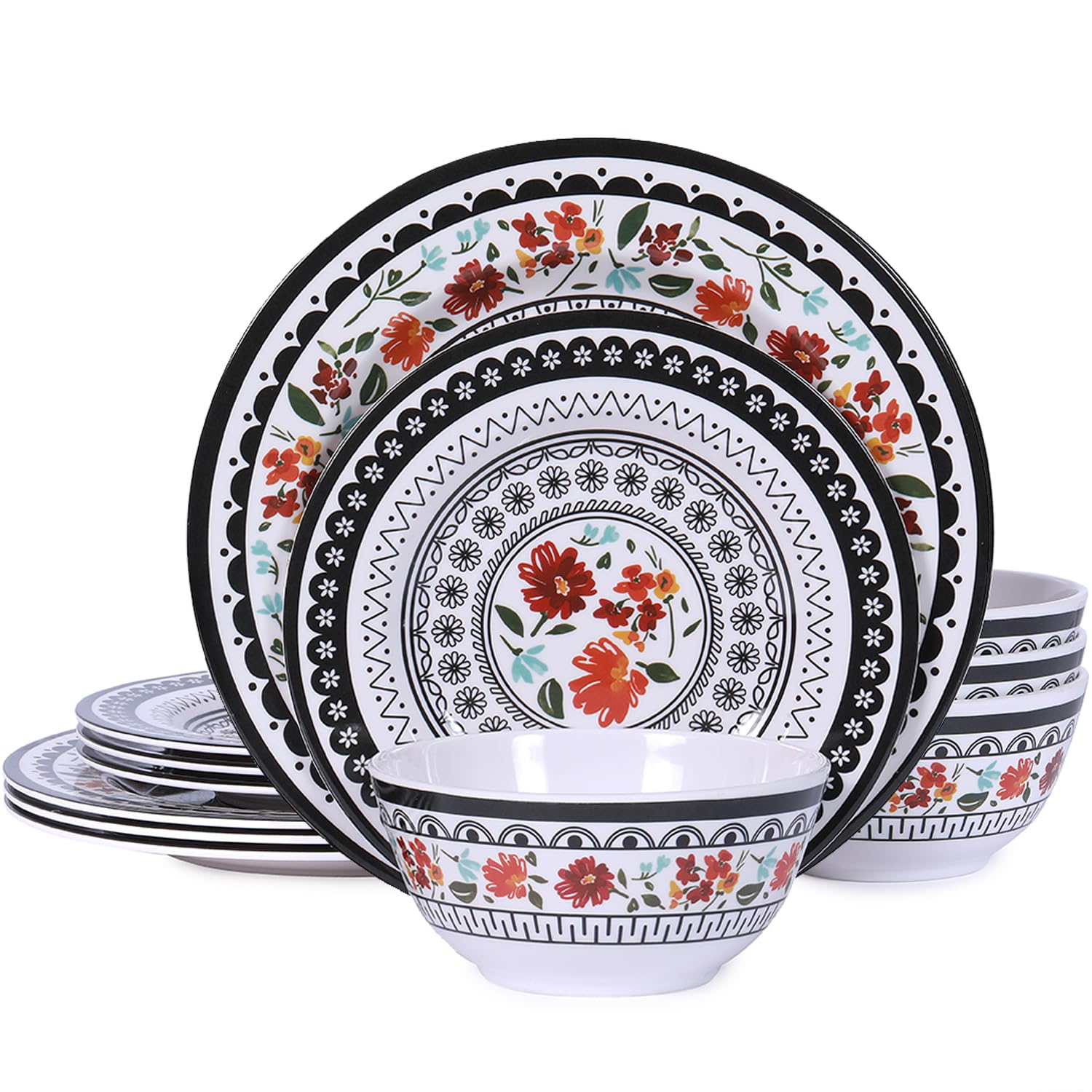 Melamine Dishes Dinnerware Sets - 12pcs Melamine Dinner Plates, Salad Plates and Bowls, for Everyday Use (Imitation Blue)