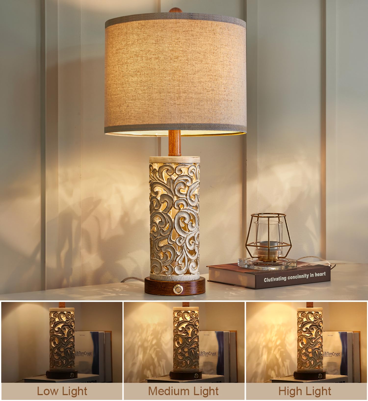 OYEARS 3-Way Dimmable 22'' USB A+C Touch Control Table Lamp with Nightlight for Living Room Bedroom Farmhouse Bedside Nightstand Lamps (1 Bulbs and 1 Built-in LED Beads Included)…